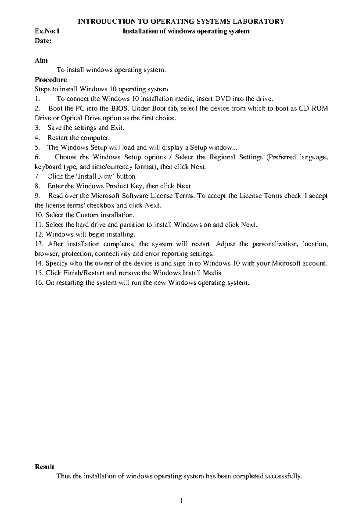 Lab Record Os Introduction To Operating Systems Laboratory Ex 1 Installation Of Windows