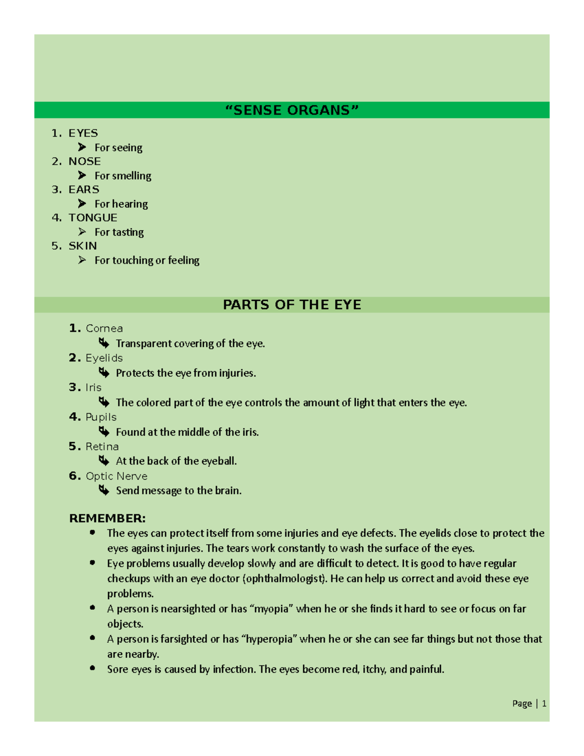 Science - For grade 3 students - “SENSE ORGANS” 1. EYES For seeing 2 ...