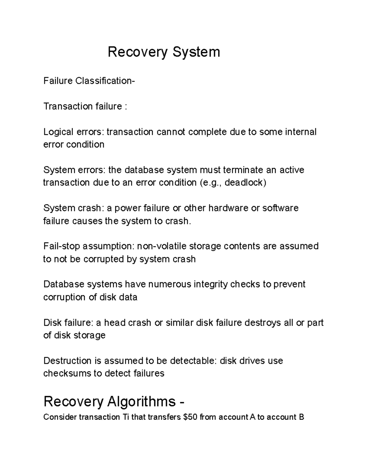 Recovery System - Recovery System Failure Classification- Transaction ...