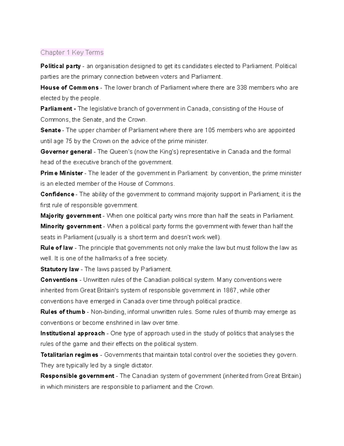POSC Chapter 1 KEY Terms - Chapter 1 Key Terms Political party - an ...