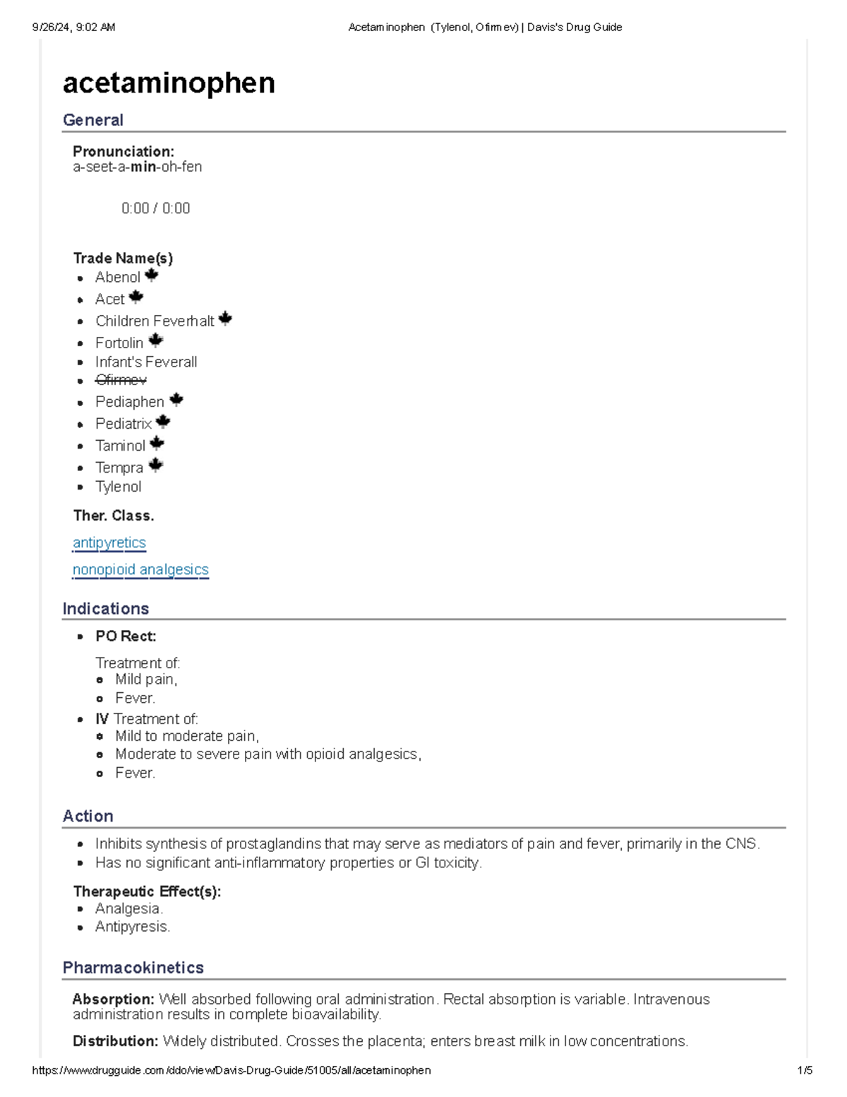 Acetaminophen (Tylenol, Ofirmev) Davis’s Drug Guide - acetaminophen ...