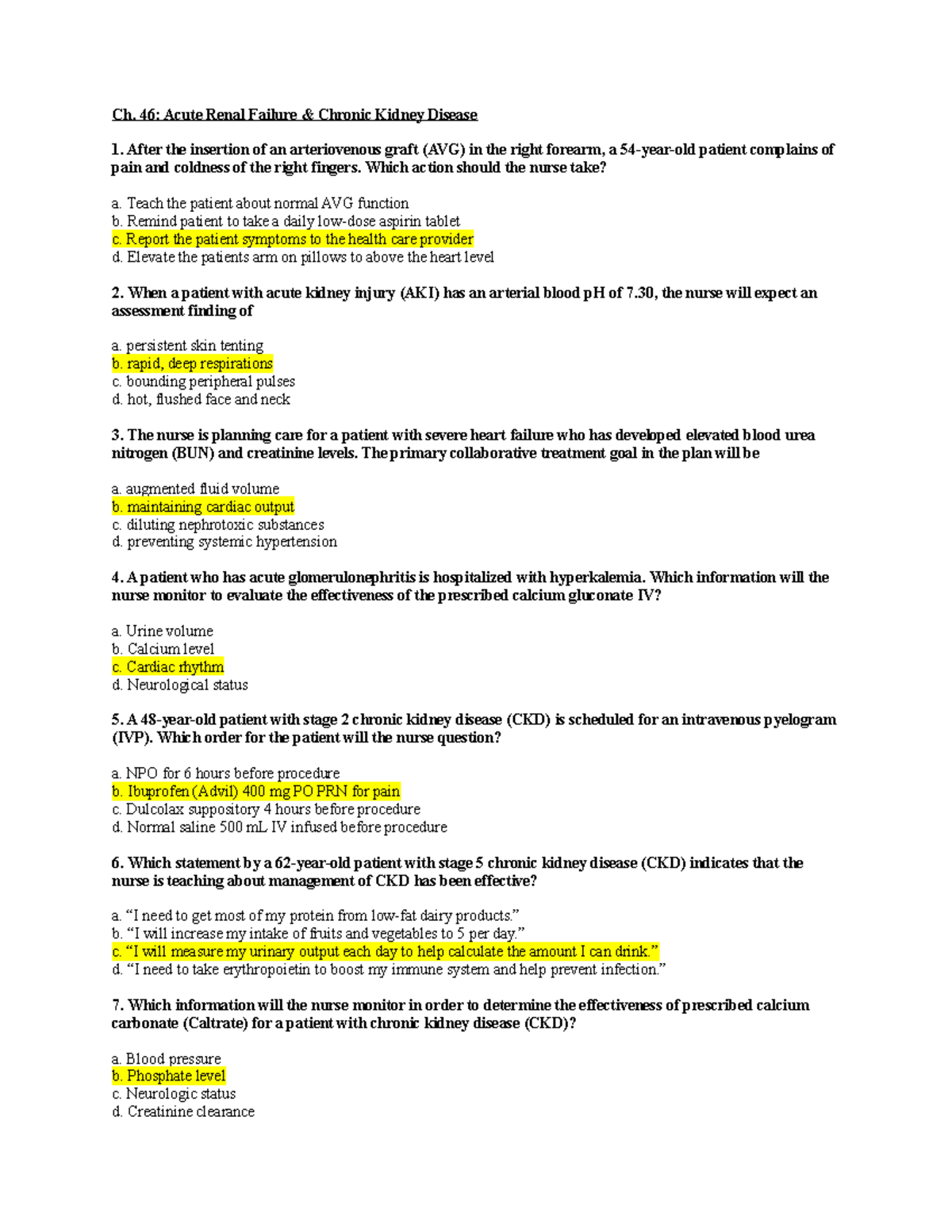 Chapter 46 Acute Renal Failure CKD Testbank Answer Key Ch 46