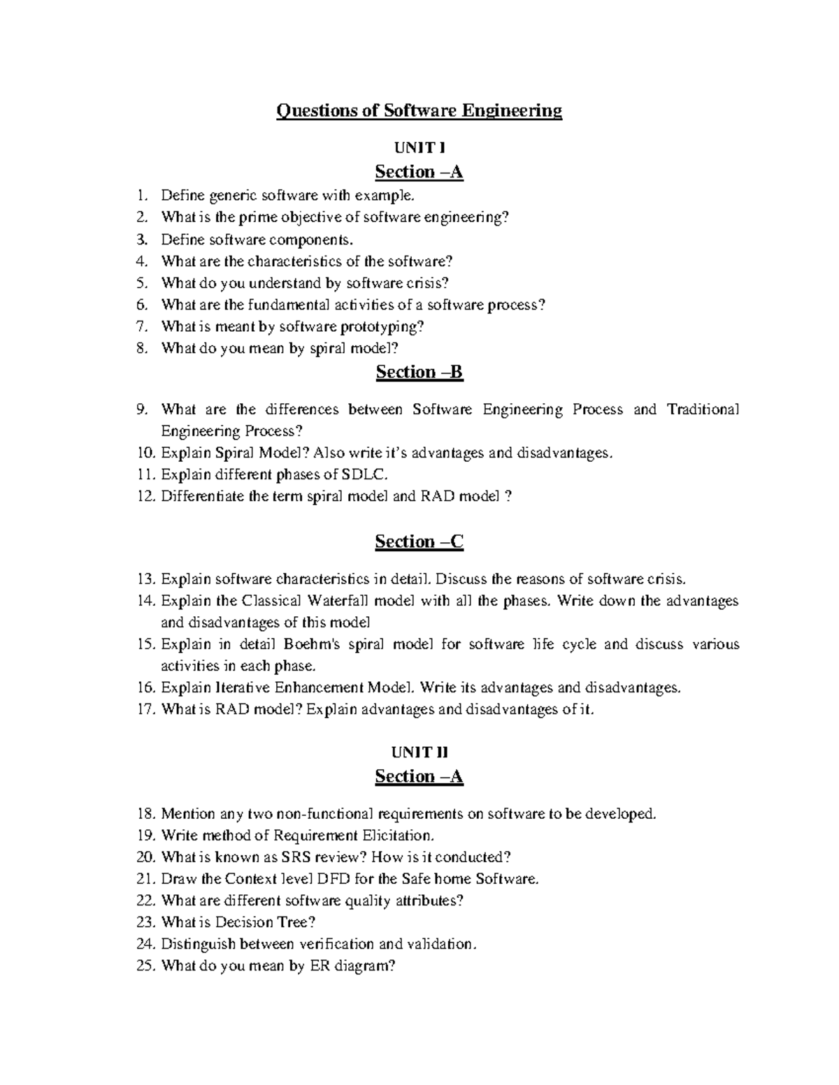 Questions of SE - Questions of Software Engineering UNIT I Section – A ...