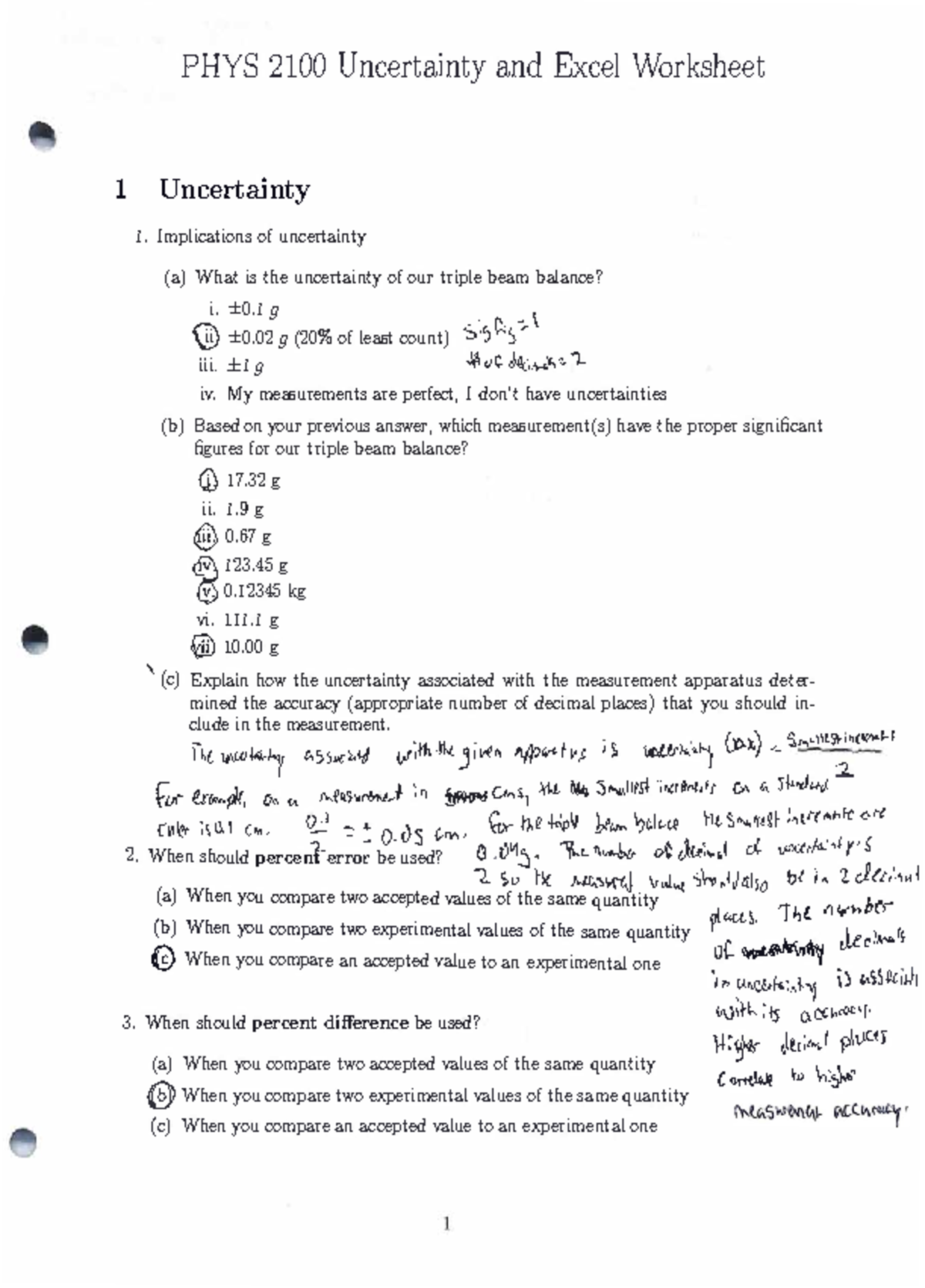 Uncertatinty & Excel Worksheet Lab - PHYS 2100 Uncertainty and Excel ...