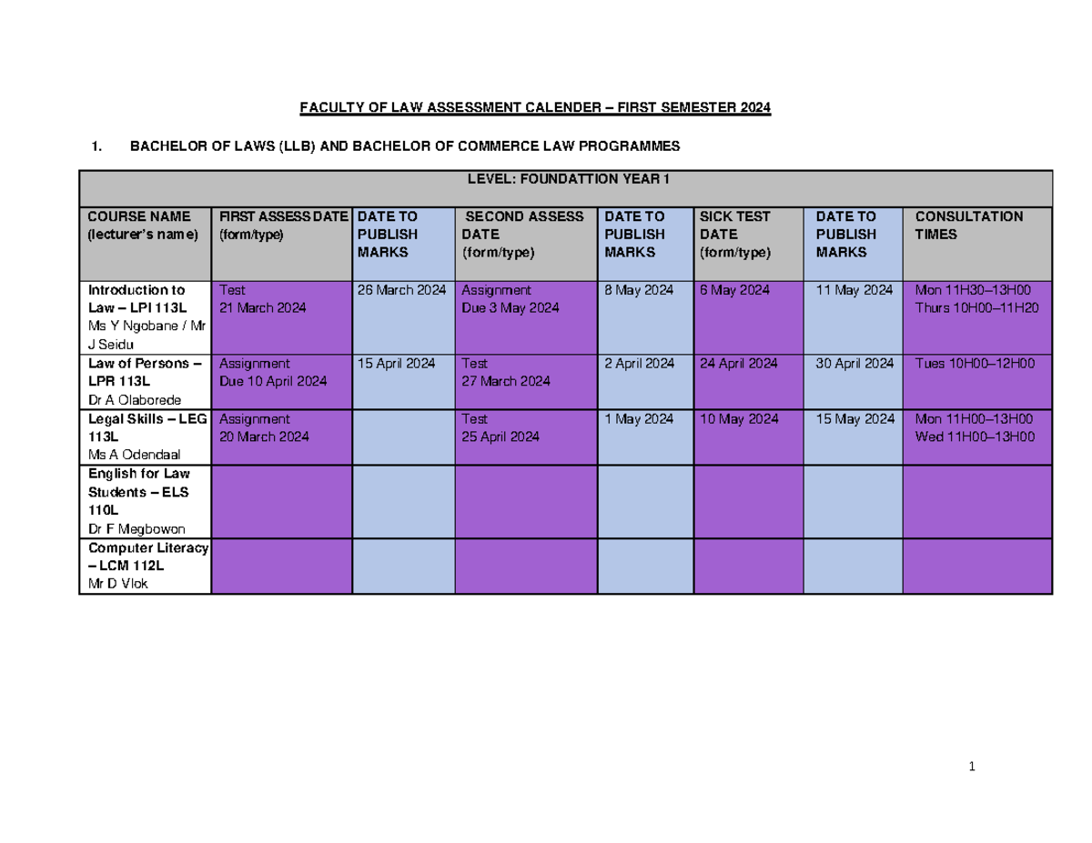Assessment-Law-Faculty - FACULTY OF LAW ASSESSMENT CALENDER – FIRST ...