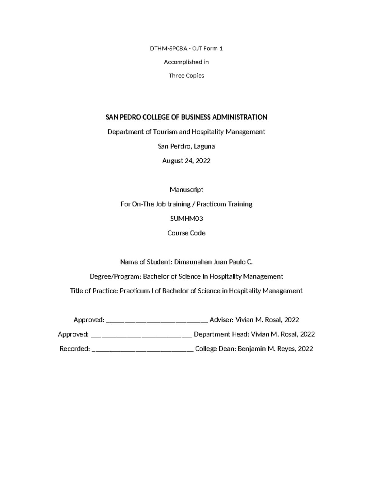 Manuscript- Paulo-OJT1 - DTHM-SPCBA - OJT Form 1 Accomplished in Three ...