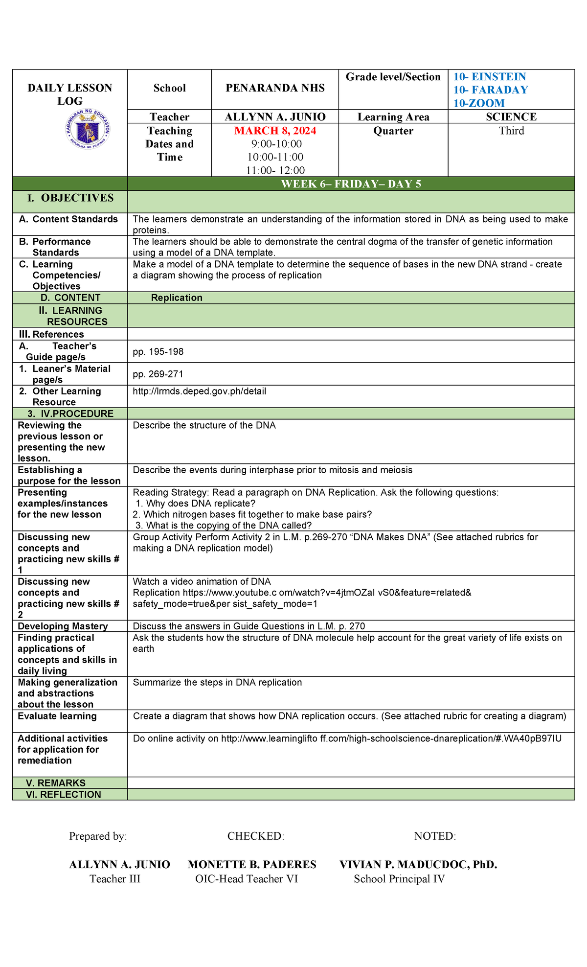 Science Lesson-03-06 - sample lesson - DAILY LESSON LOG School ...