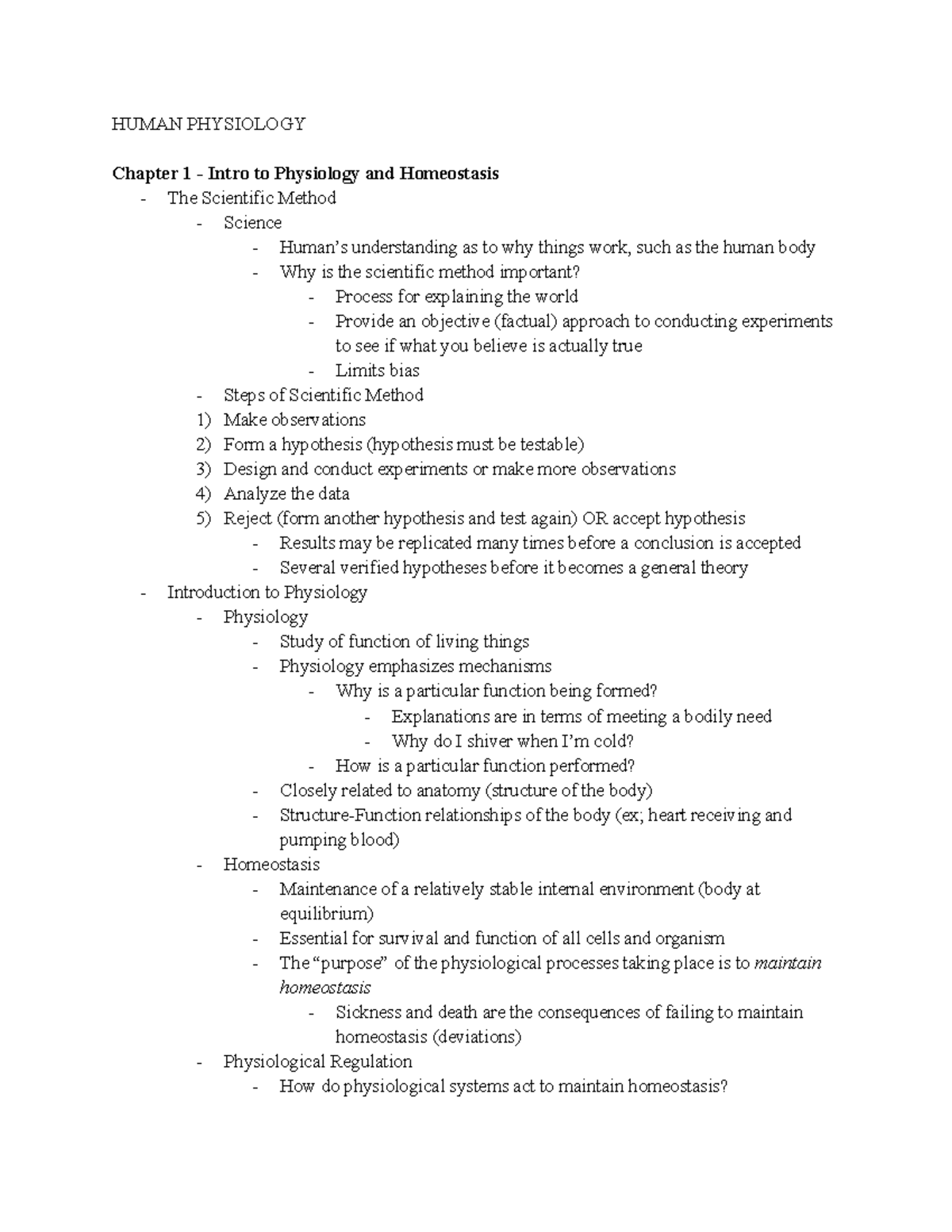 Human Physiology Exam 1 Notes - HUMAN PHYSIOLOGY Chapter 1 - Intro to ...