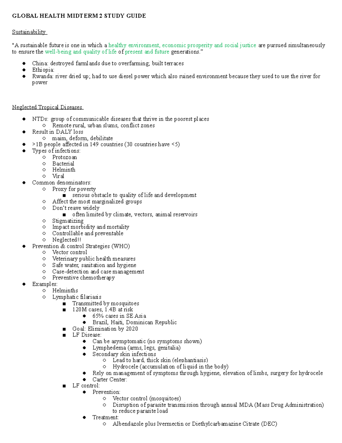 Midterm 2 Study Guide - GLOBAL HEALTH MIDTERM 2 STUDY GUIDE ...