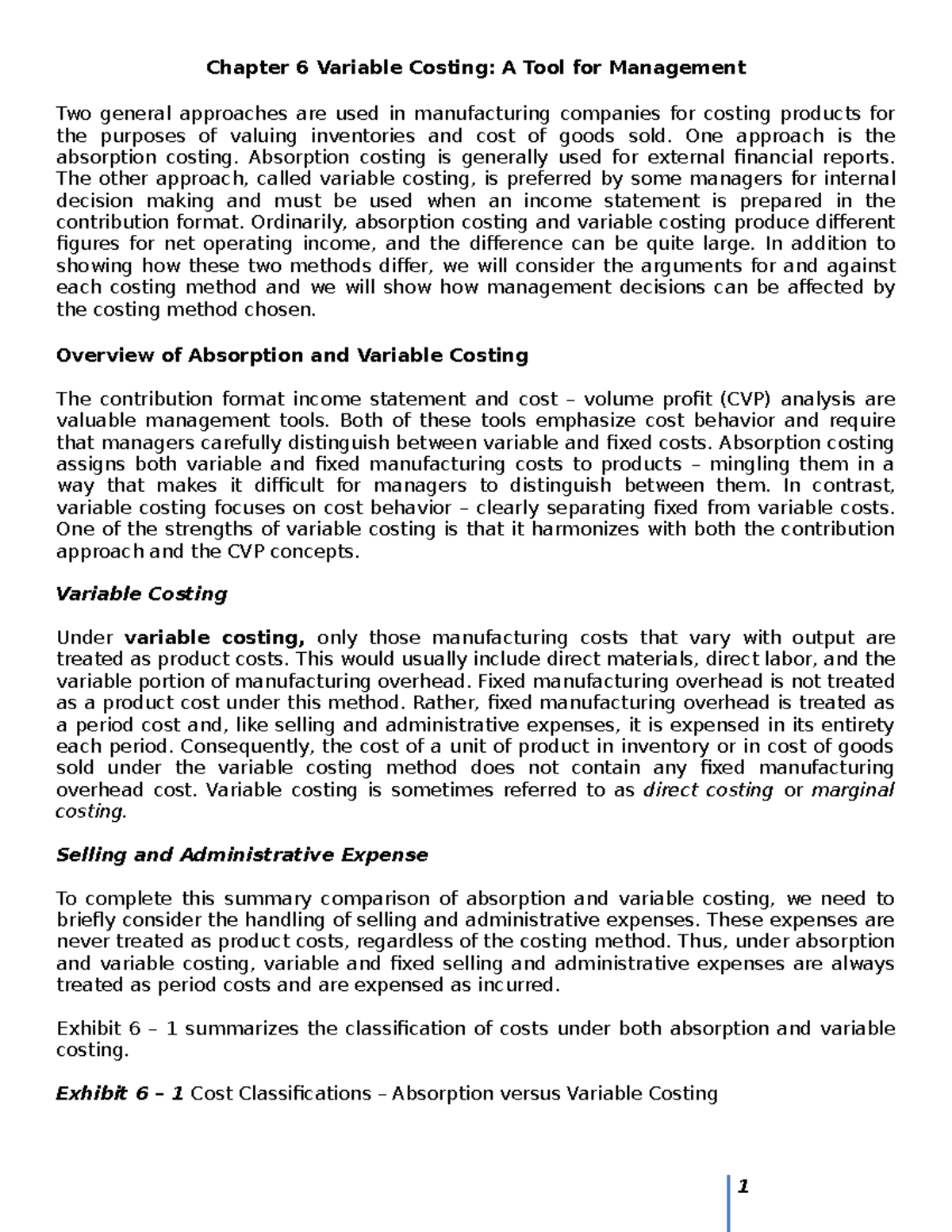 Chapter 6 Variable Costing A TOOL FOR Management - Chapter 6 Variable Costing: A Tool for ...