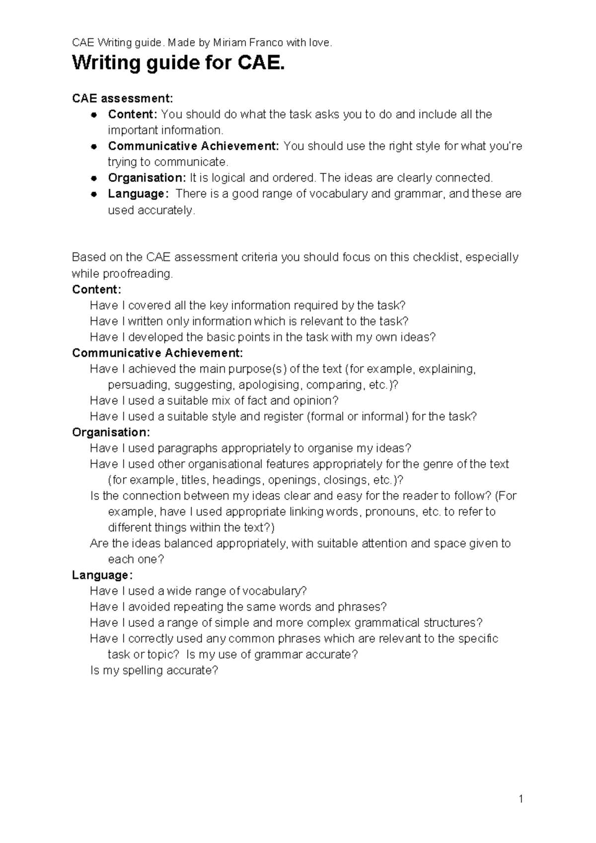 Writing CAE guide - Writing guide for CAE. CAE assessment: Content: You ...