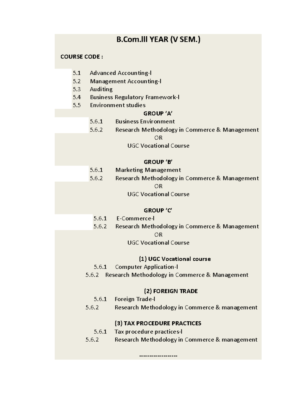 Bcom IIIyr Syllabussemester Vand VI - B.Com YEAR (V SEM.) COURSE CODE ...
