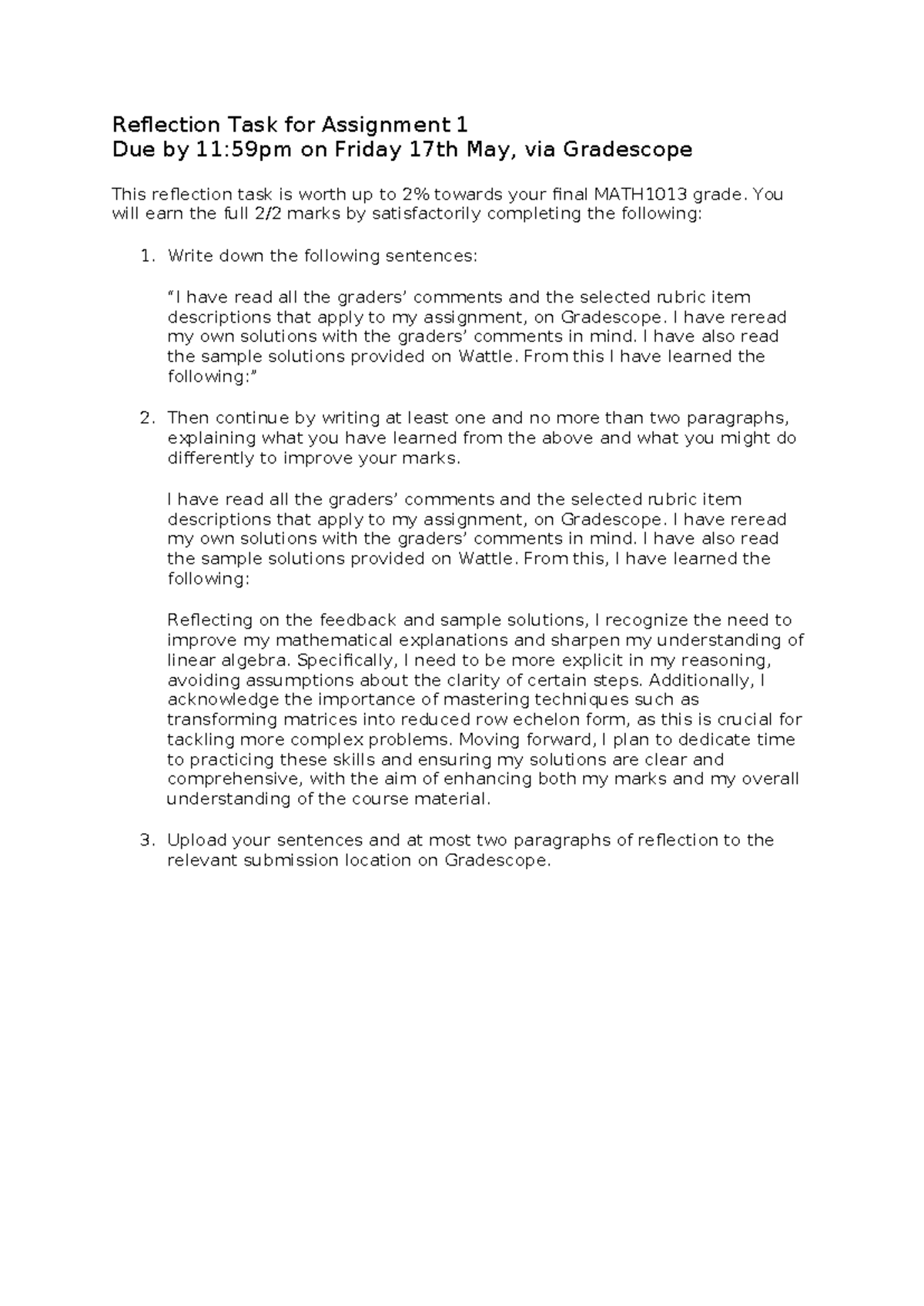 MATH 1013 Reflection Task Assignment 1 - Reflection Task for Assignment ...