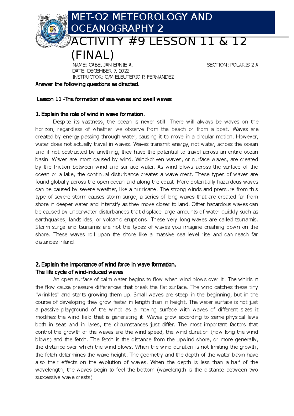 meteorology activity - Answer the following questions as directed ...