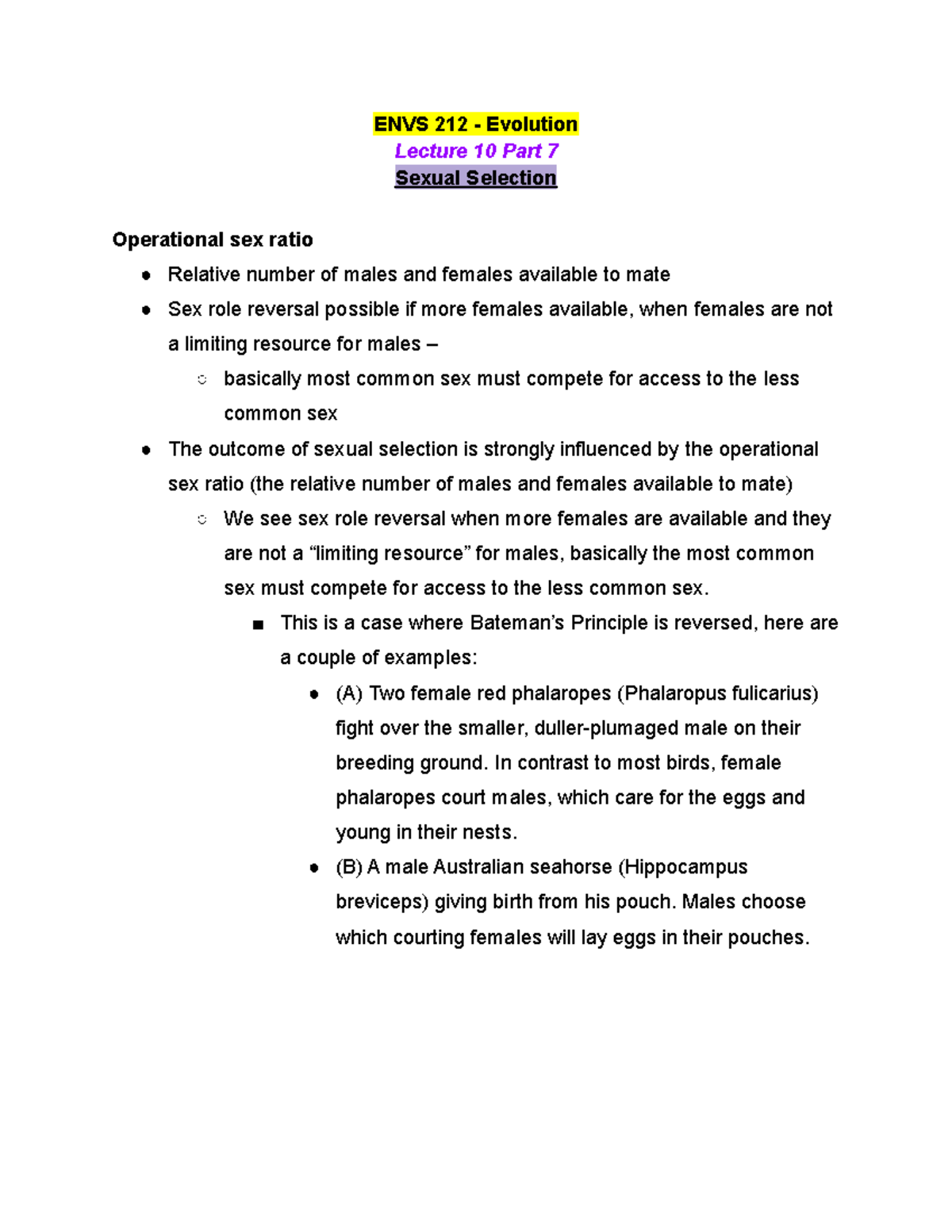 ENVS 212 Lecture 10 Part 7 - Spring 2020 - ENVS 212 - Evolution Lecture 10 Part 7 Sexual ...