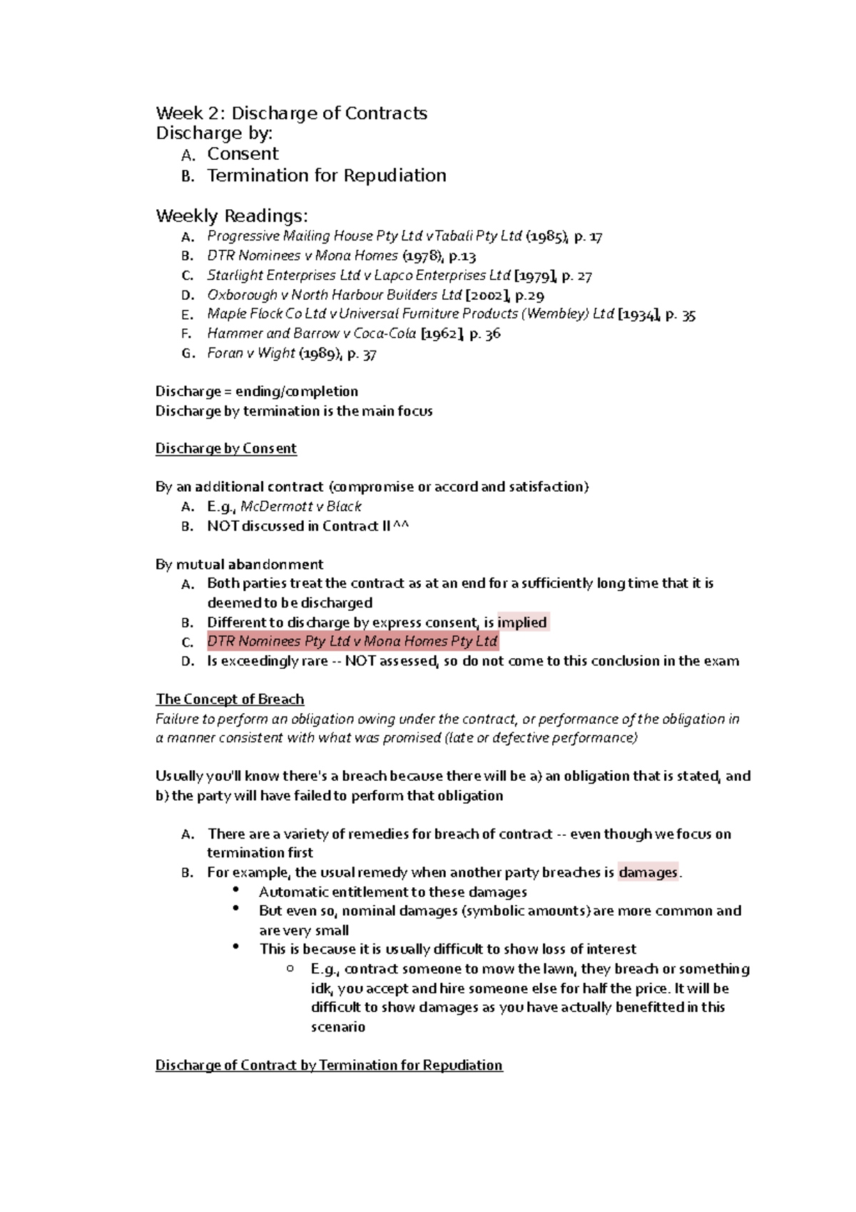 Contracts II W2 Notes - Week 2: Discharge of Contracts Discharge by: A ...