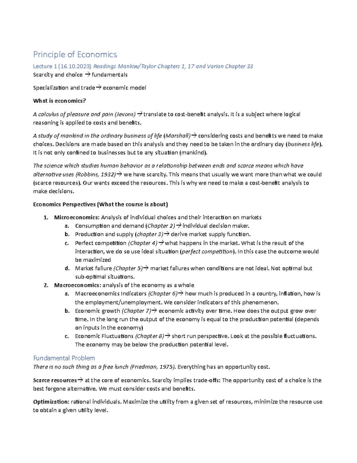 Principle of Economics Lecture 1 - 10) Readings Mankiw/Taylor Chapters ...