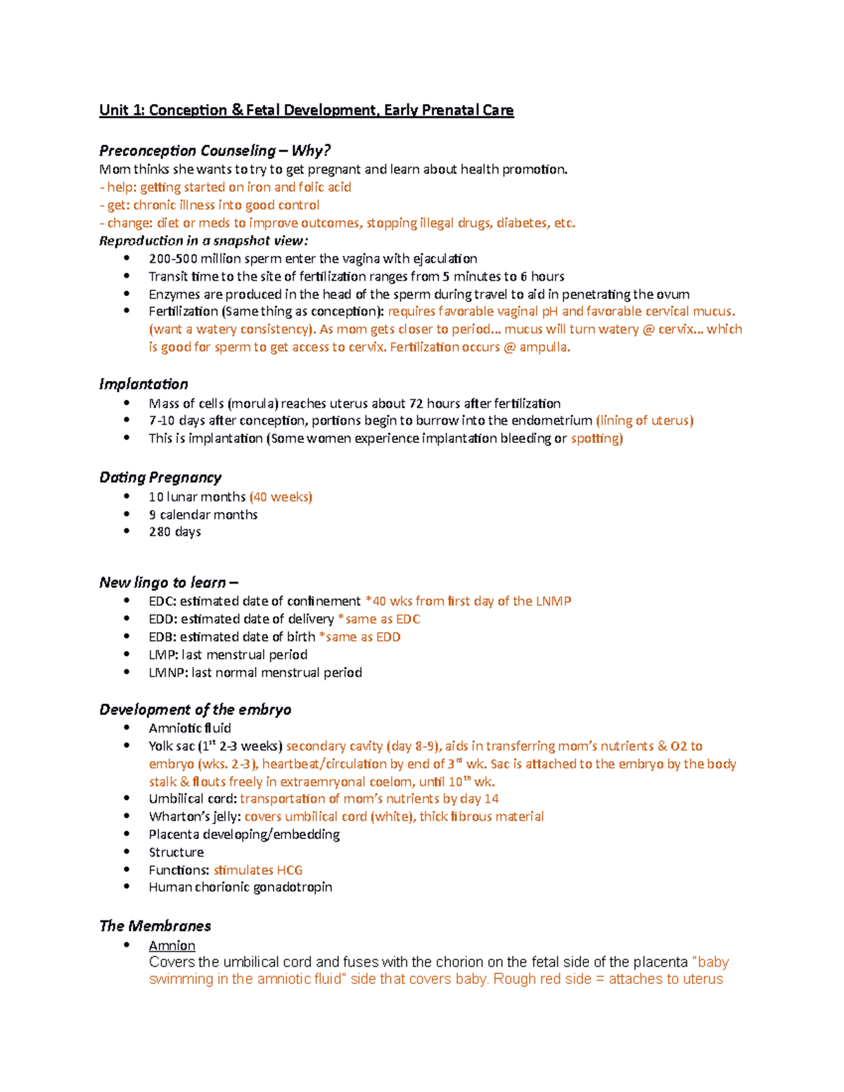 Module 1 Notes OB Exam 1 - Unit 1: Conception & Fetal Development ...