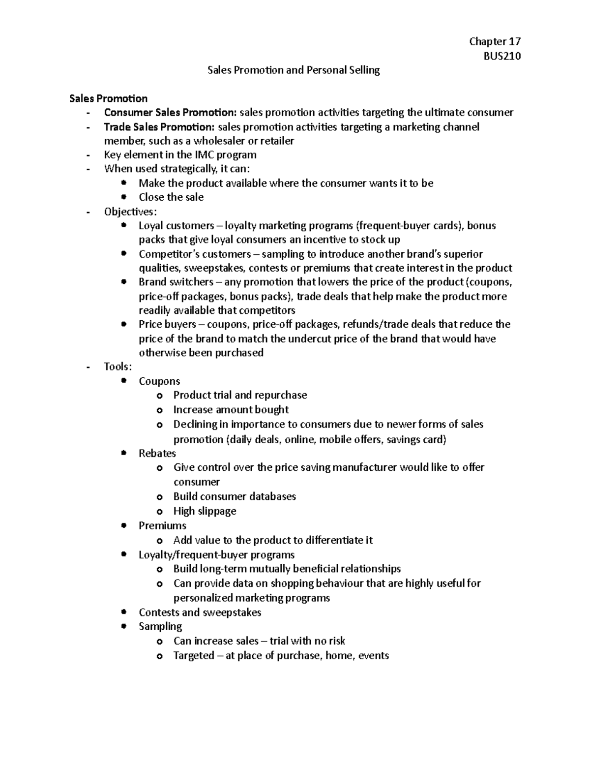 Chapter 17 - Summary MKTG - MKTG - BUS Sales Promotion and Personal ...