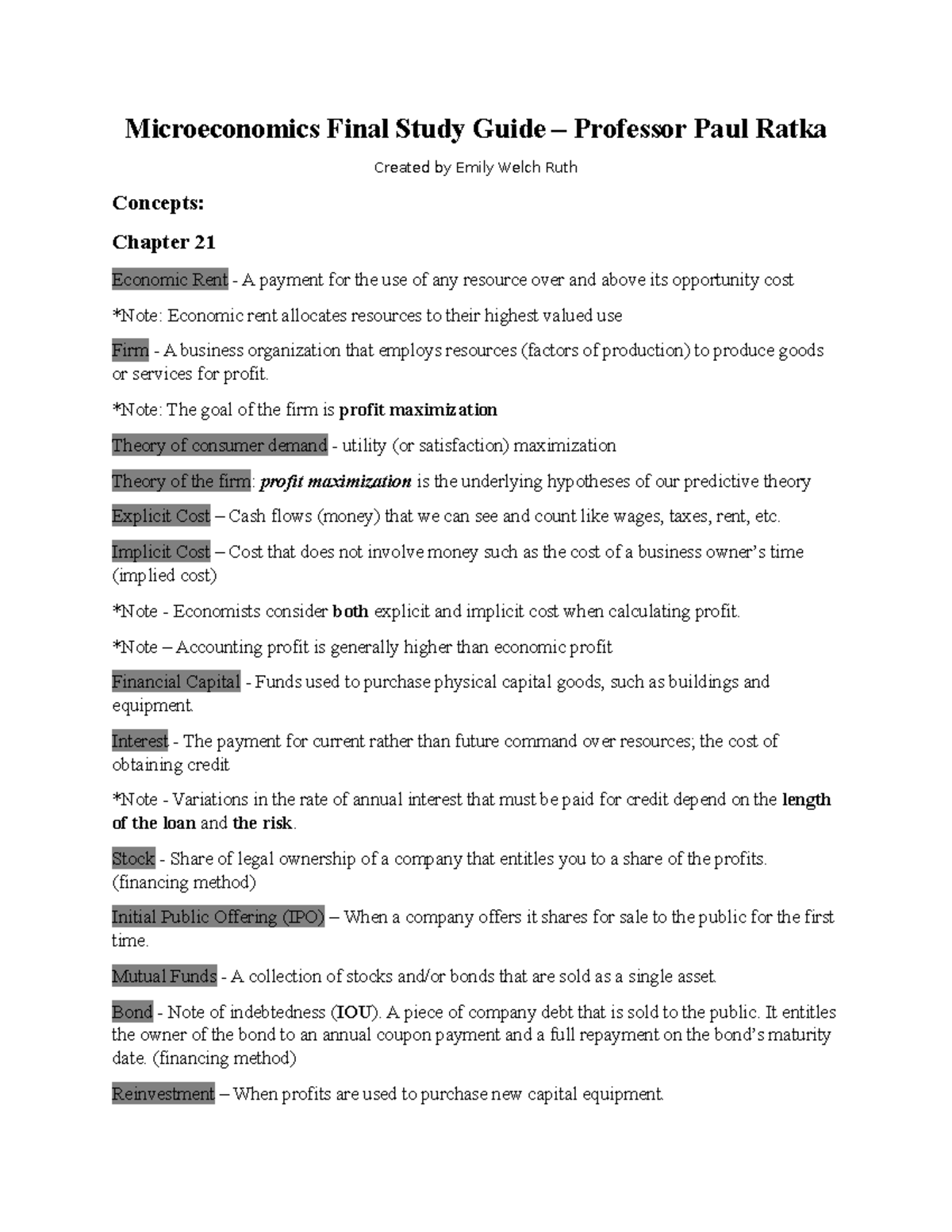 Microeconomics Final Study Guide - *Note: The goal of the firm is ...
