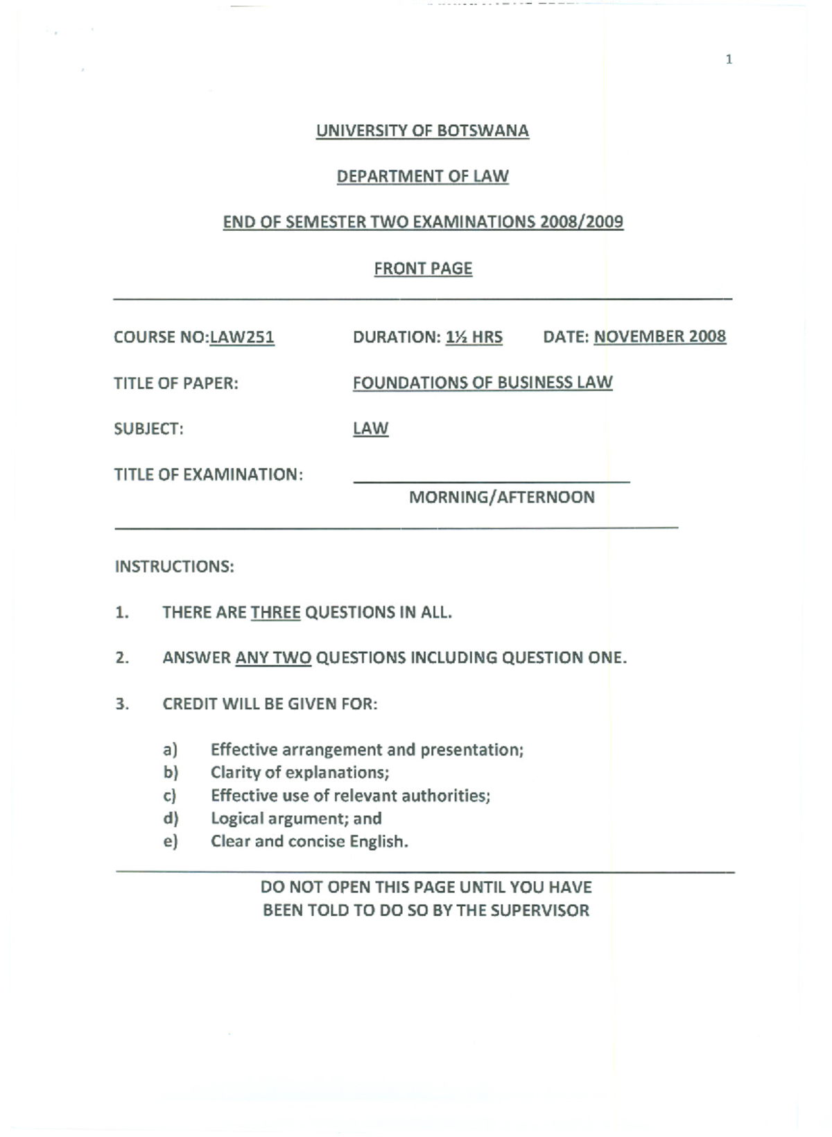 Null - Past exam paper - 1 UNIVERSITY OF BOTSWANA DEPARTMENT OF LAW END ...