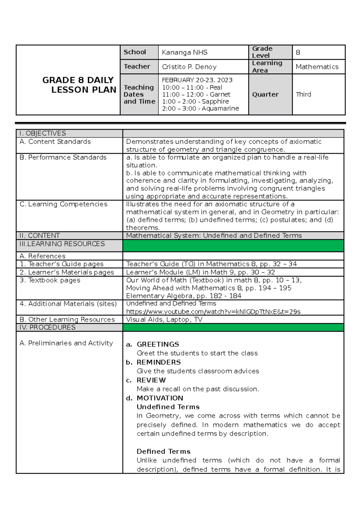DLP - Q3FEB20-23 - dll - GRADE 8 DAILY LESSON PLAN School Kananga NHS ...
