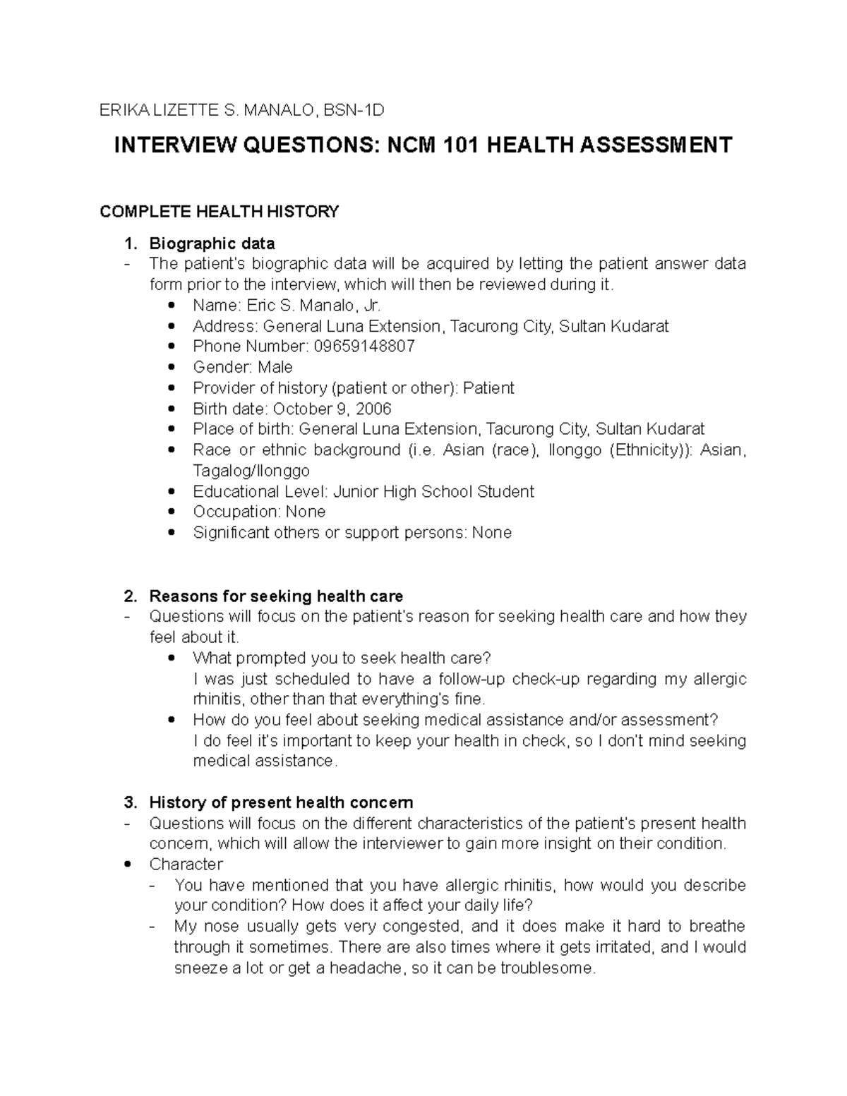 HA Manalo Interview- Questions - ERIKA LIZETTE S. MANALO, BSN-1D ...