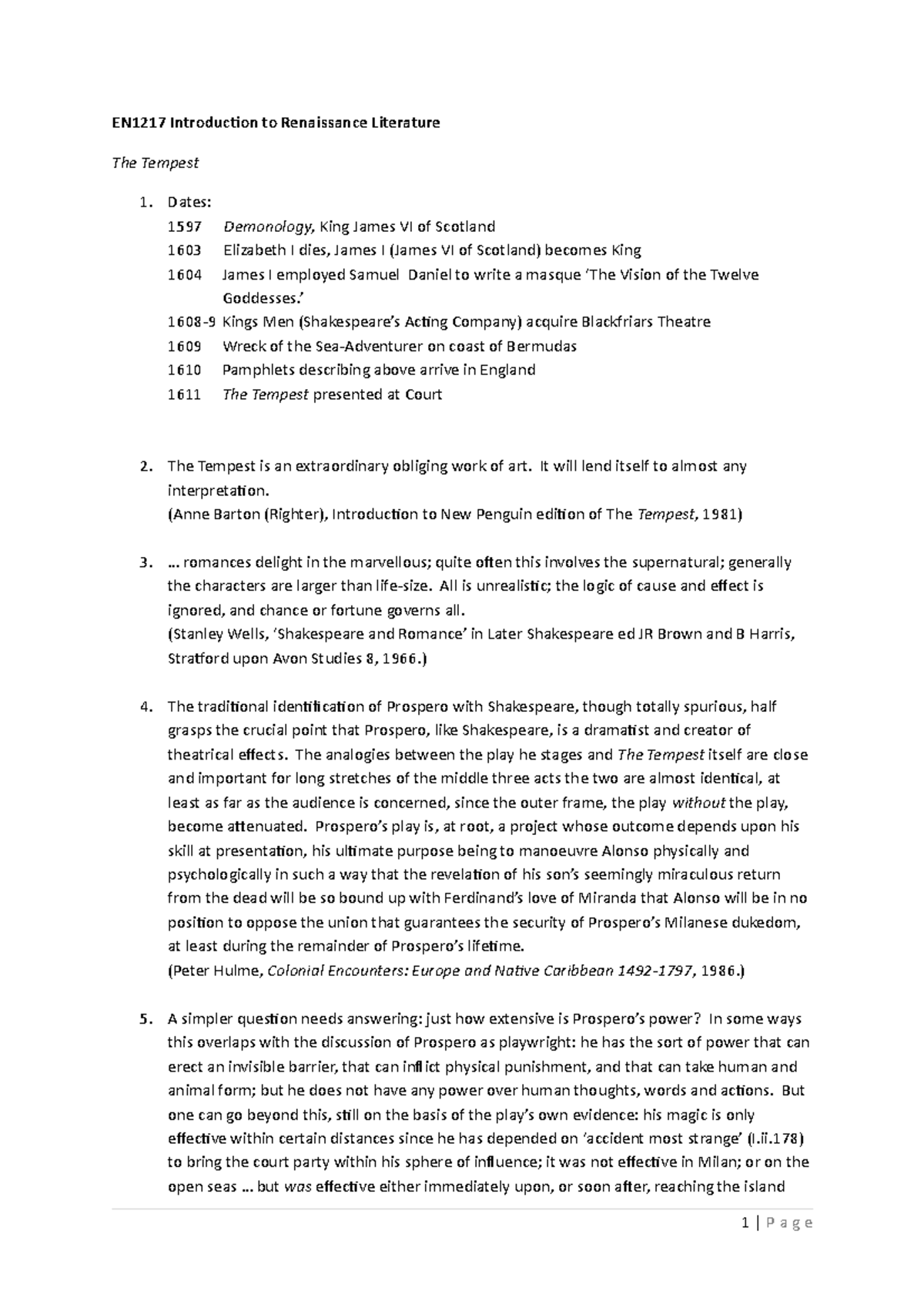 The Tempest - EN1217 Introduction to Renaissance Literature The Tempest ...