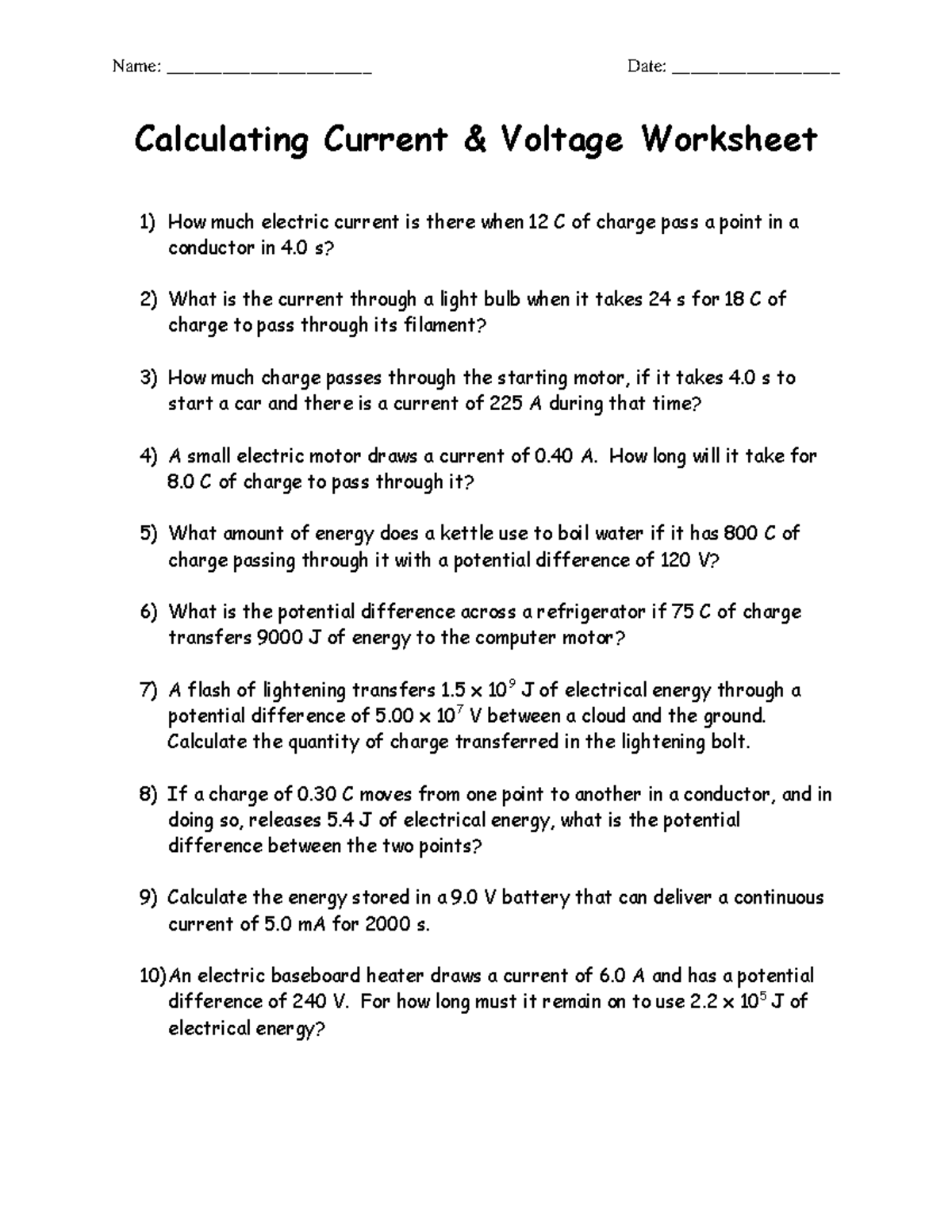 AP Calculating Current and Voltage Works - Name ...