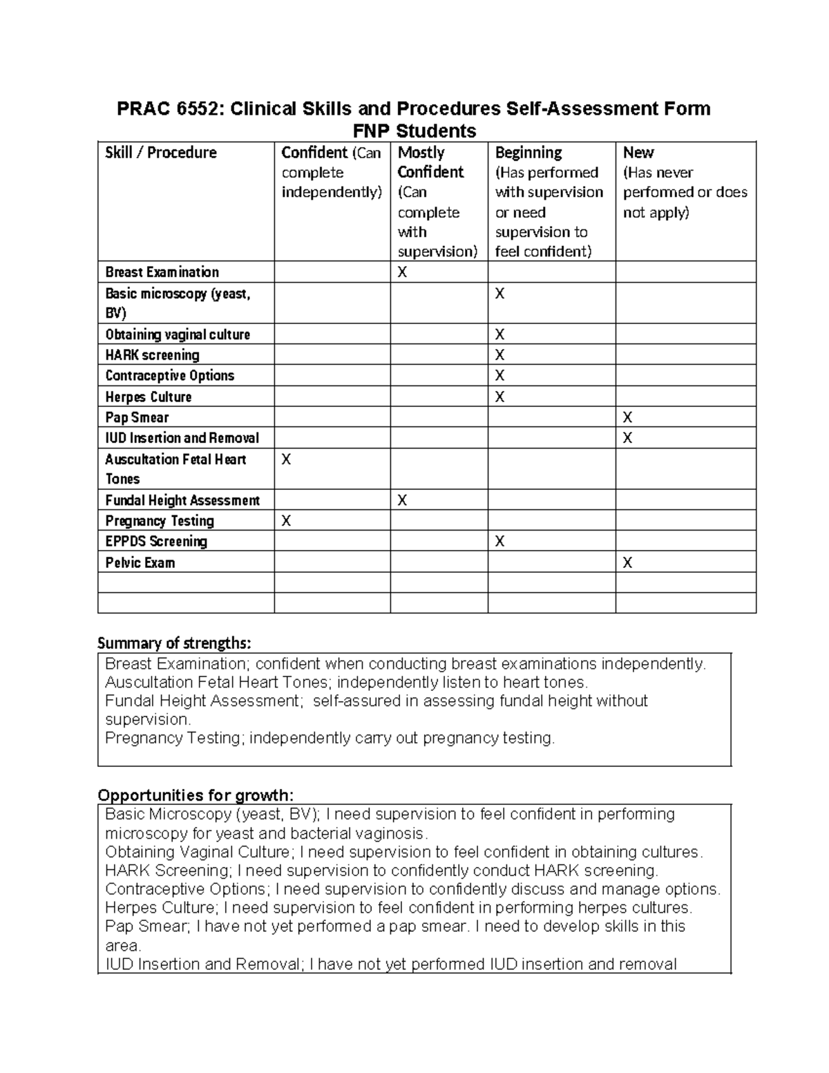 Skills Check Obgyn - PRAC 6552: Clinical Skills and Procedures Self ...