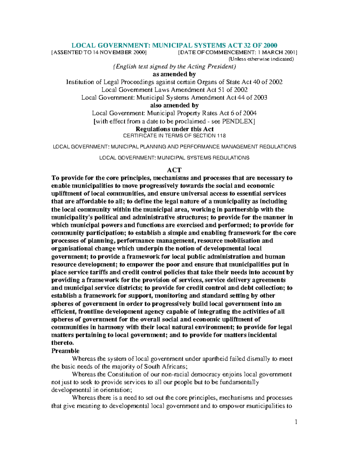 LG Municipal Systems ACT LOCAL GOVERNMENT MUNICIPAL SYSTEMS ACT 32