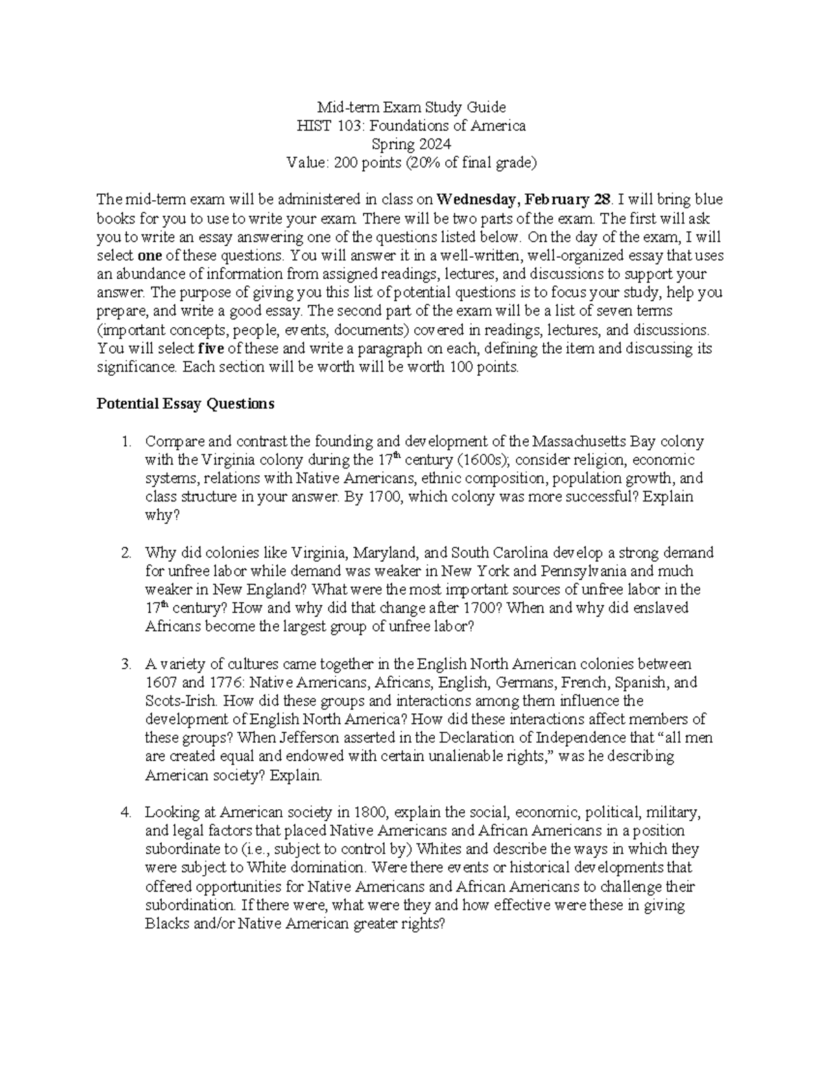 Mid-term Study Guide 103A - Mid-term Exam Study Guide HIST 103: Foundations of America Spring ...