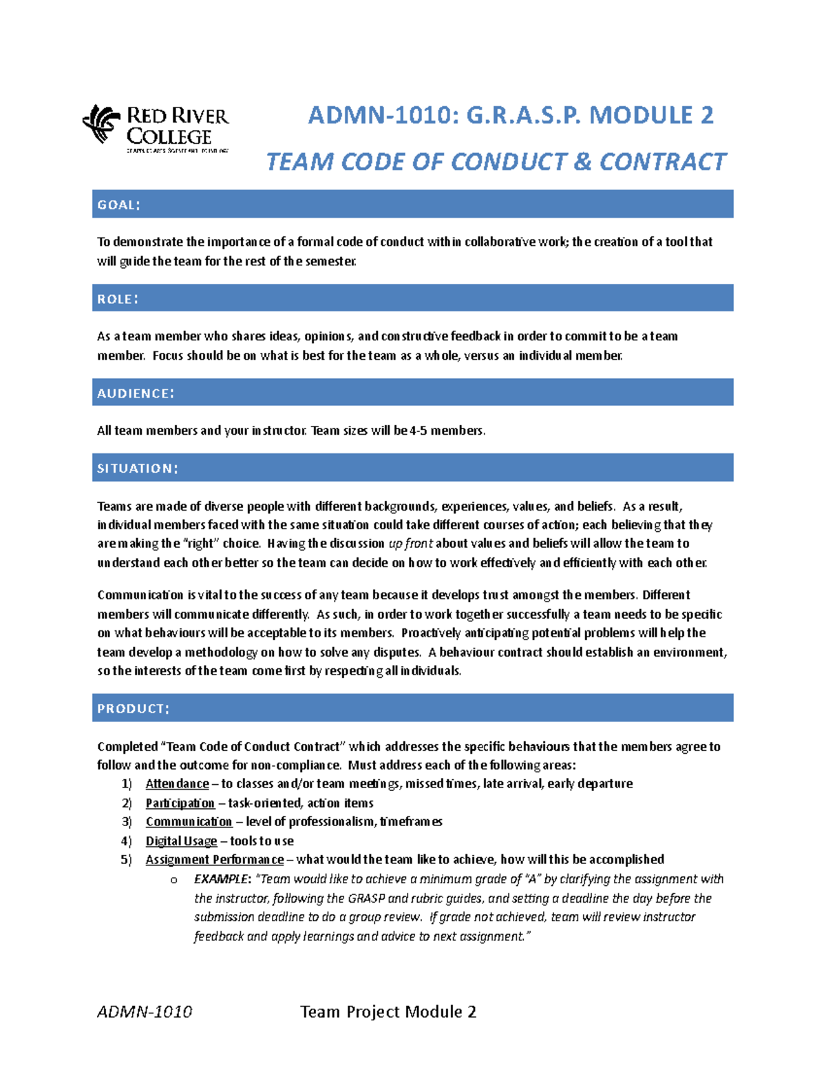 ADMN1010 Grasp Module 2 - Team Code of Conduct Contract - ADMN-1010: G ...