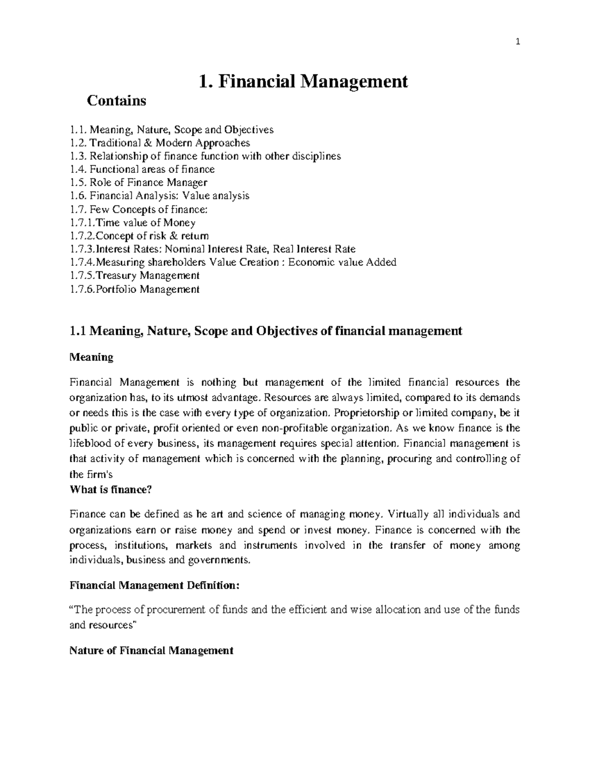 205 Financial Management Unit 1 - 1. Financial Management Contains ...