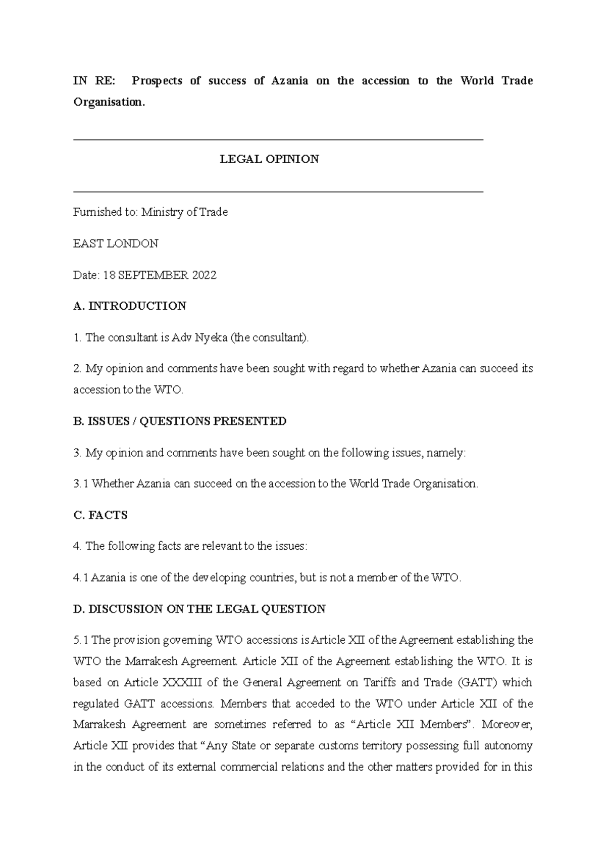 International trade - Notes - IN RE: Prospects of success of Azania on ...