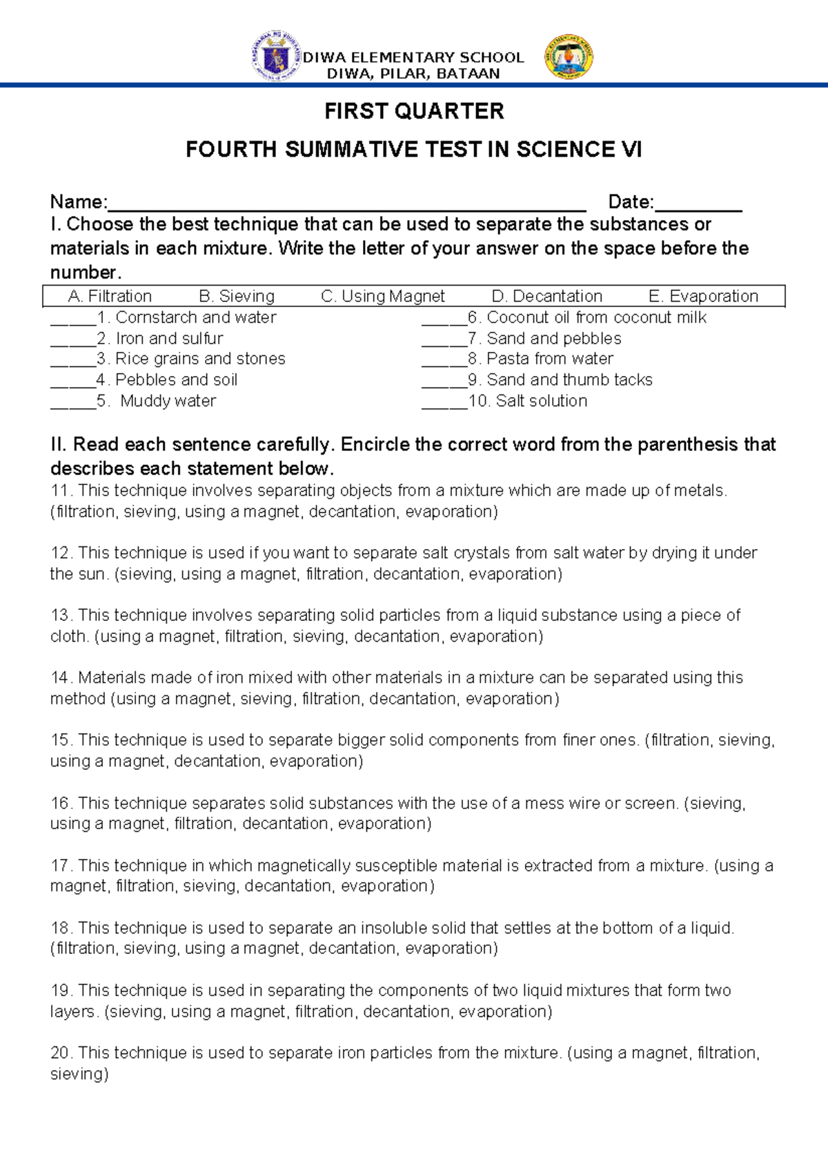 4TH Summative - quiz - DIWA, PILAR, BATAAN FIRST QUARTER FOURTH ...