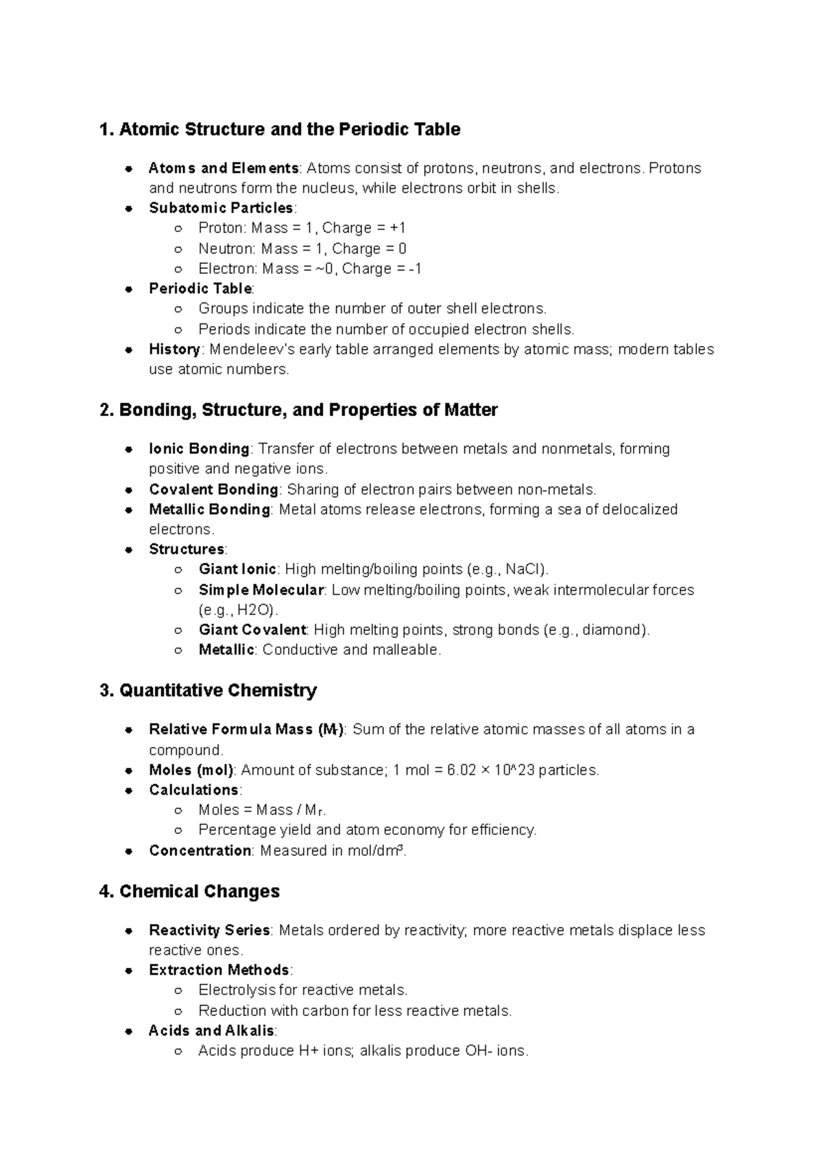 Chemistry summary - 1. Atomic Structure and the Periodic Table Atoms ...