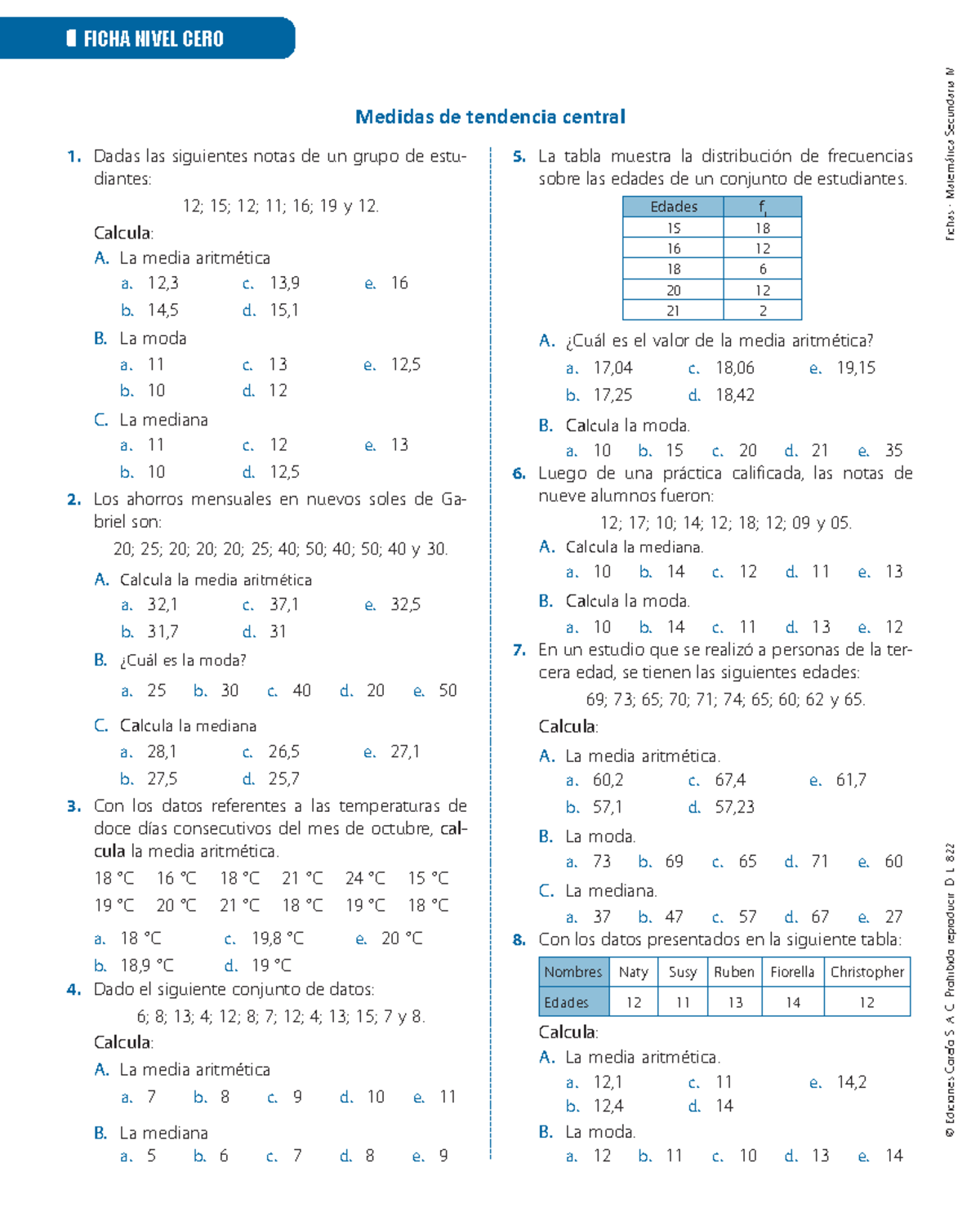 F0 Medidas de tendencia central - FICHA NIVEL CERO Fichas - Matemática Secundaria IV © Ediciones ...