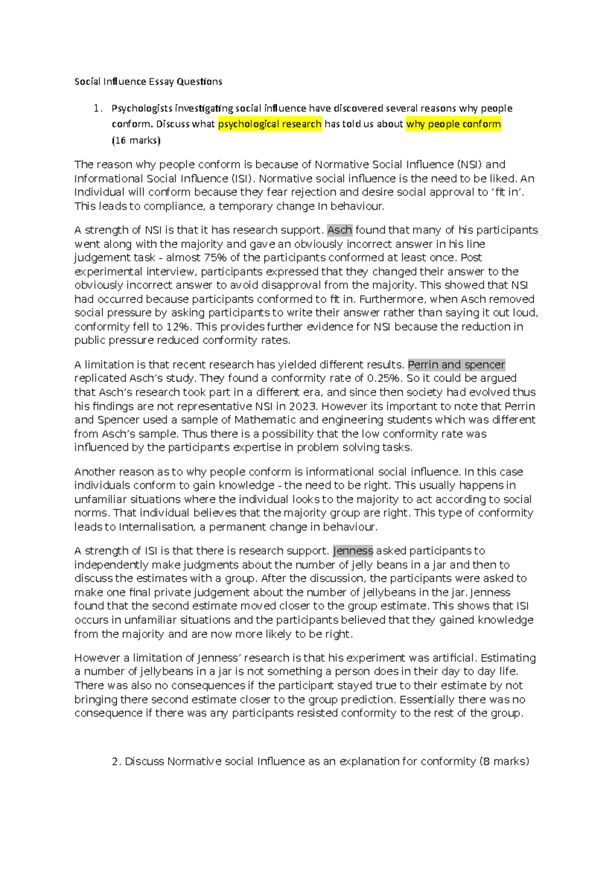 Paper 1 - Social Influence - Social Influence Essay Questions 1 ...