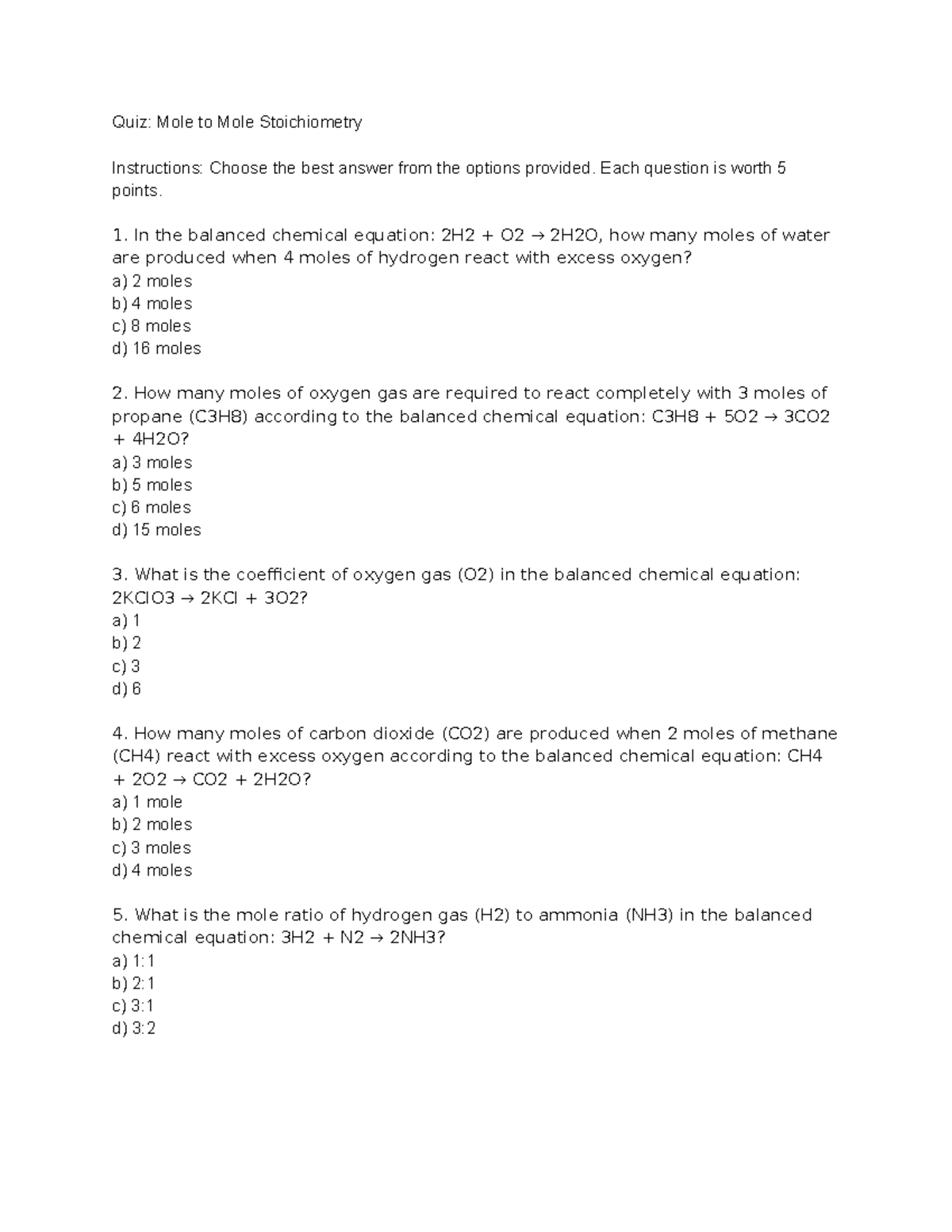 Quiz-Mole to Mole Stoichiometry - Quiz: Mole to Mole Stoichiometry ...