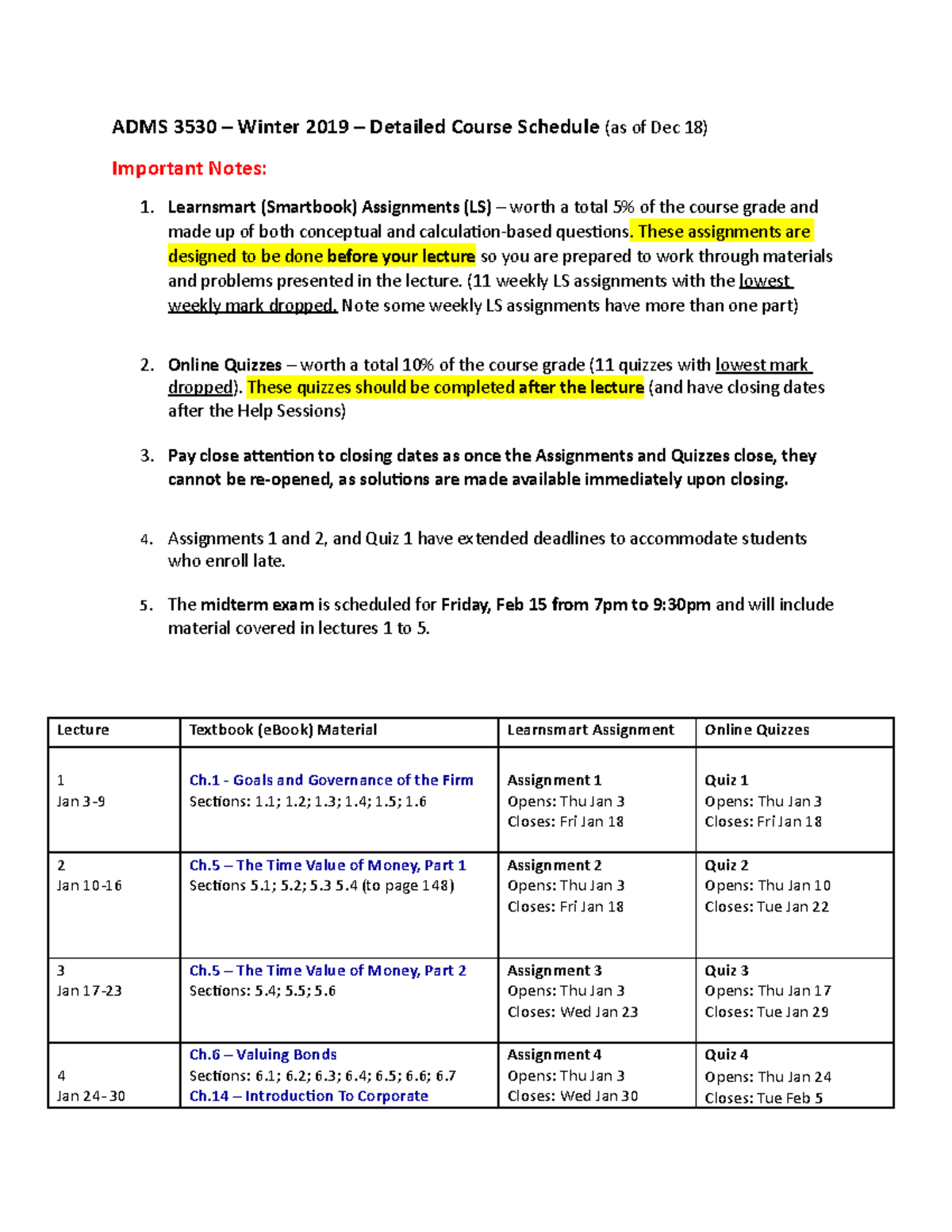 ADMS 3530 Winter 2019 Course Schedule - Studocu