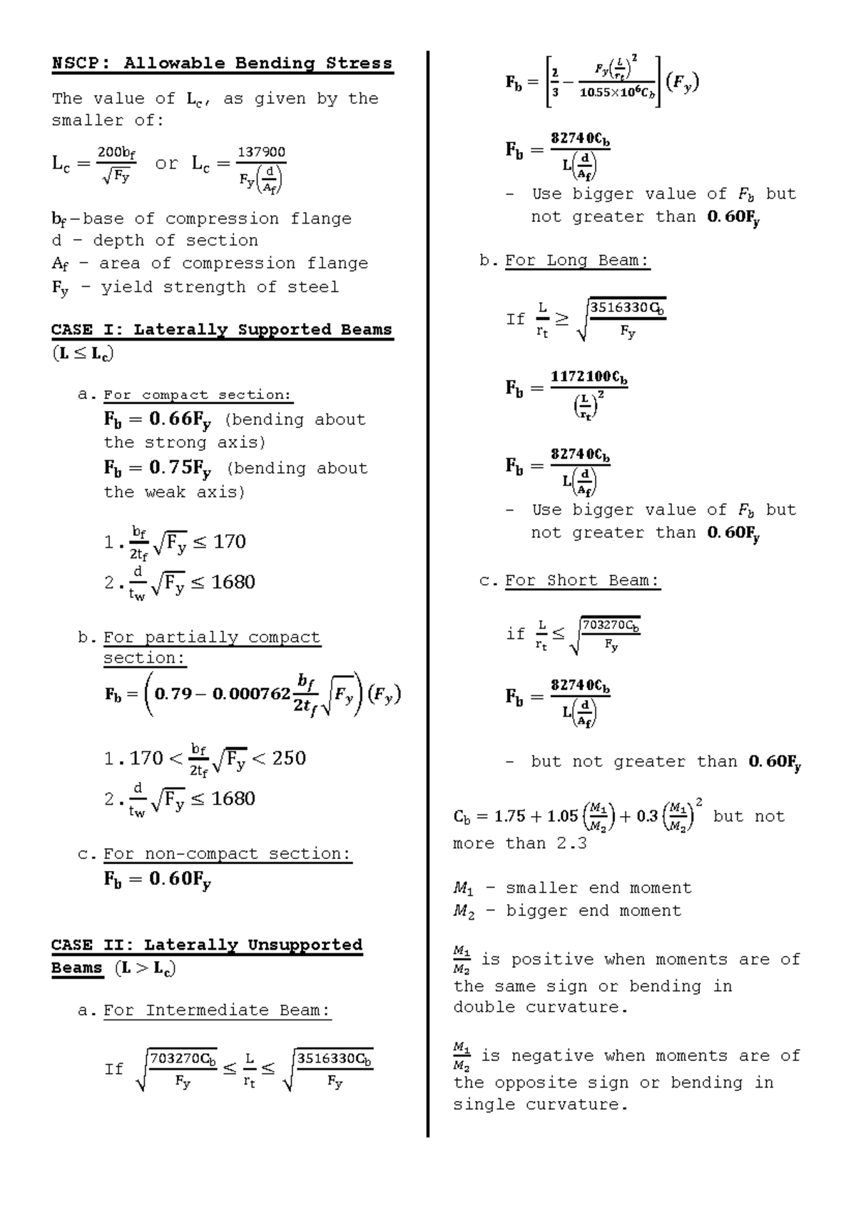 NSCP Allowable Bending Stress - For compact section: 𝐅𝐛 = 𝟎. 𝟔𝟔𝐅𝐲 ...