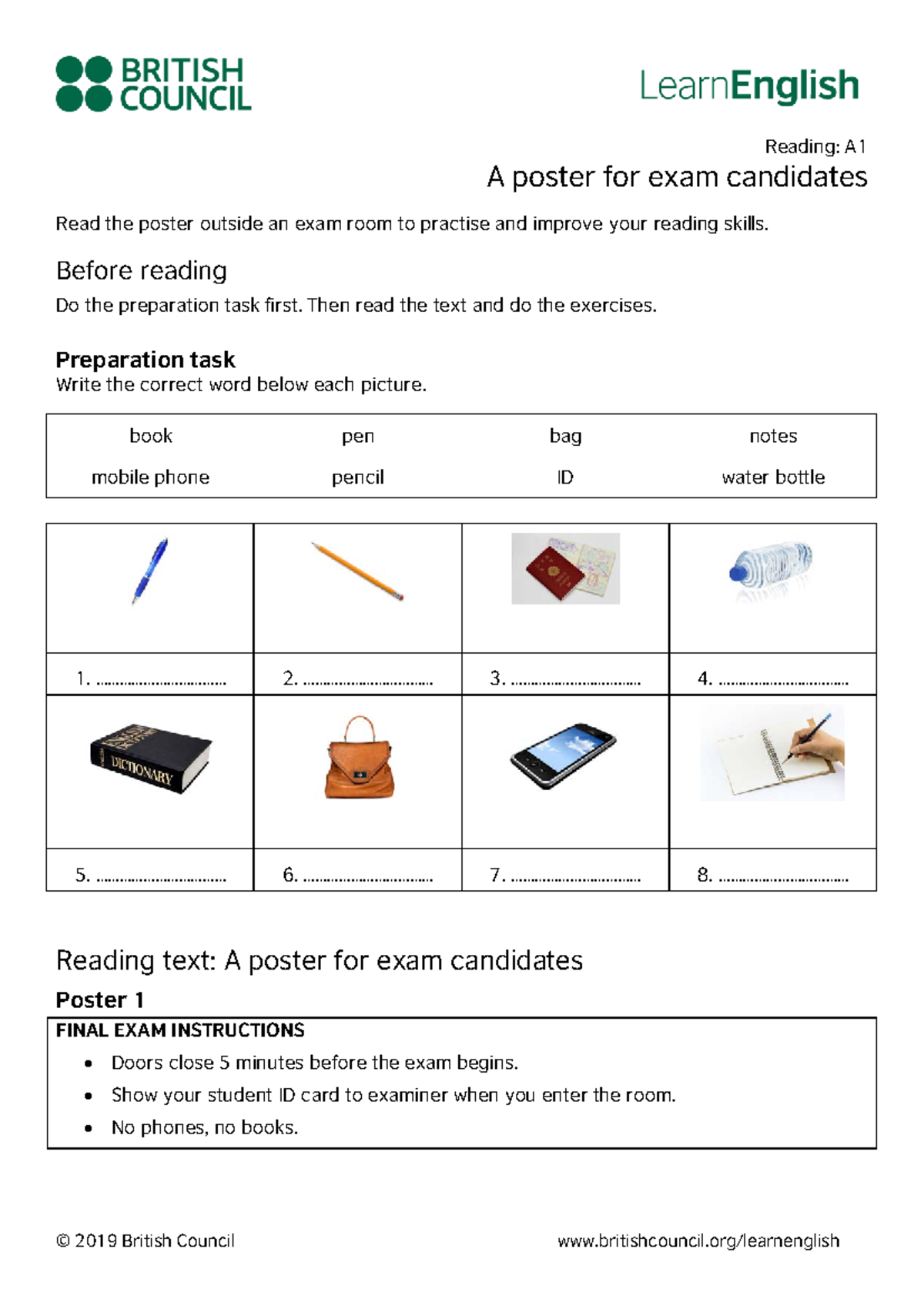 Learn English Reading A1 A poster for exam candidates - Reading: A A ...