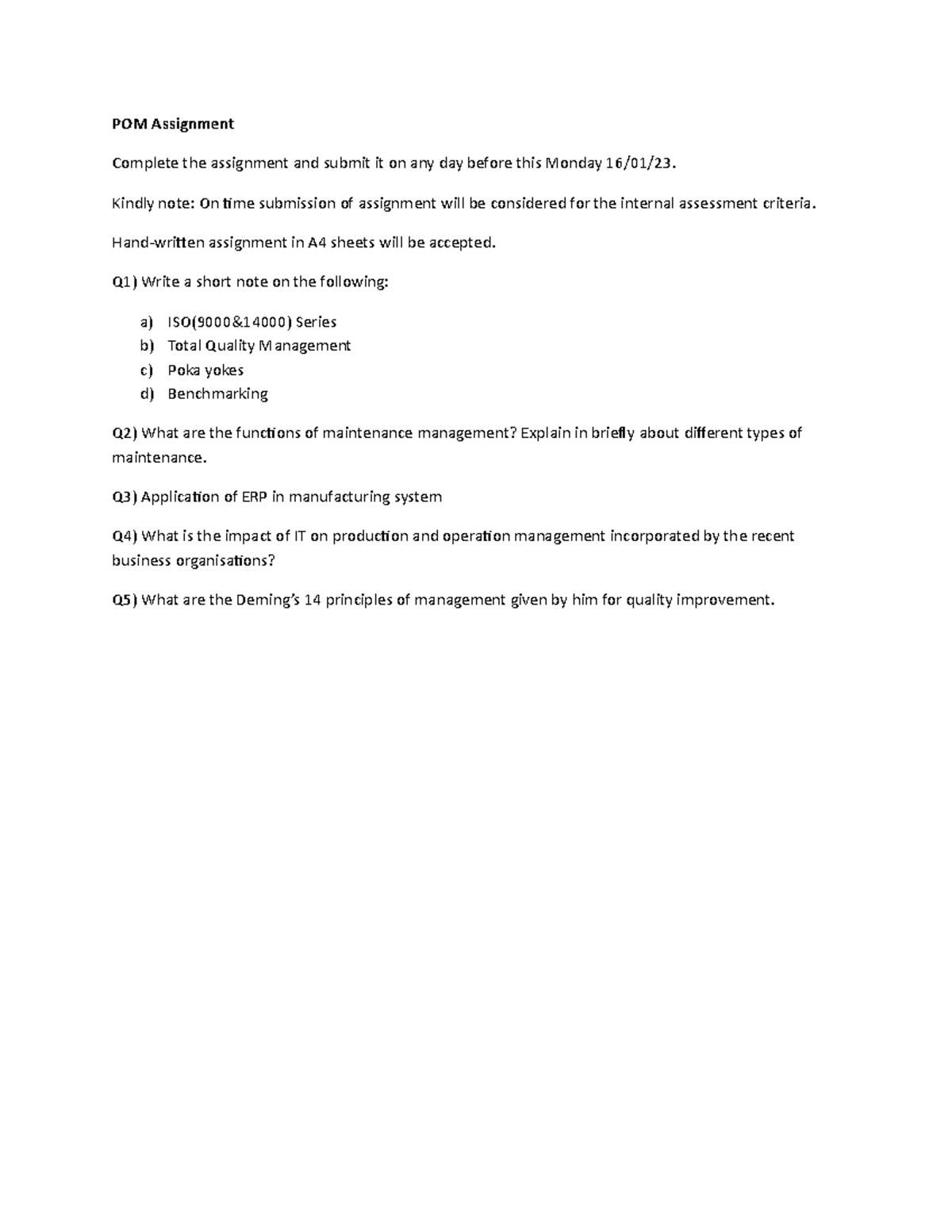 POM Assignment - POM Assignment Complete the assignment and submit it ...