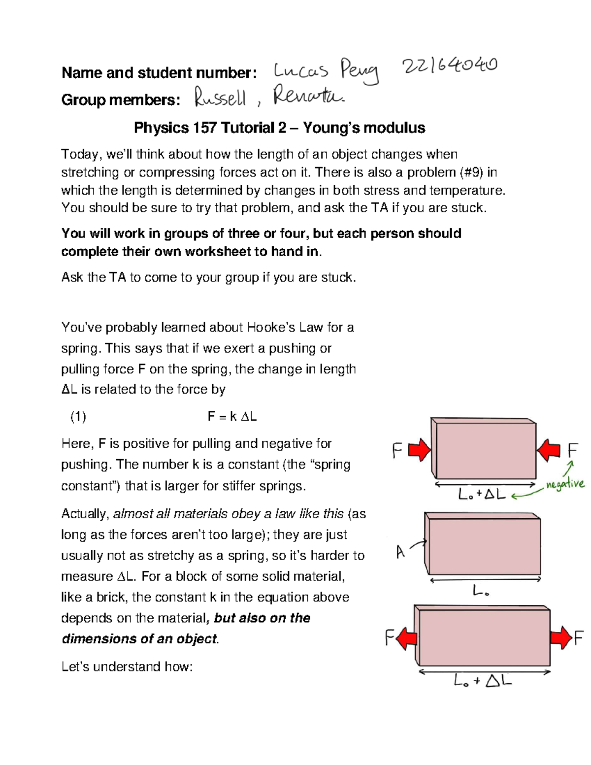 Tutorial 2 - Name and student number: Group members: Physics 157 Tutorial 2 – Young’s modulus ...
