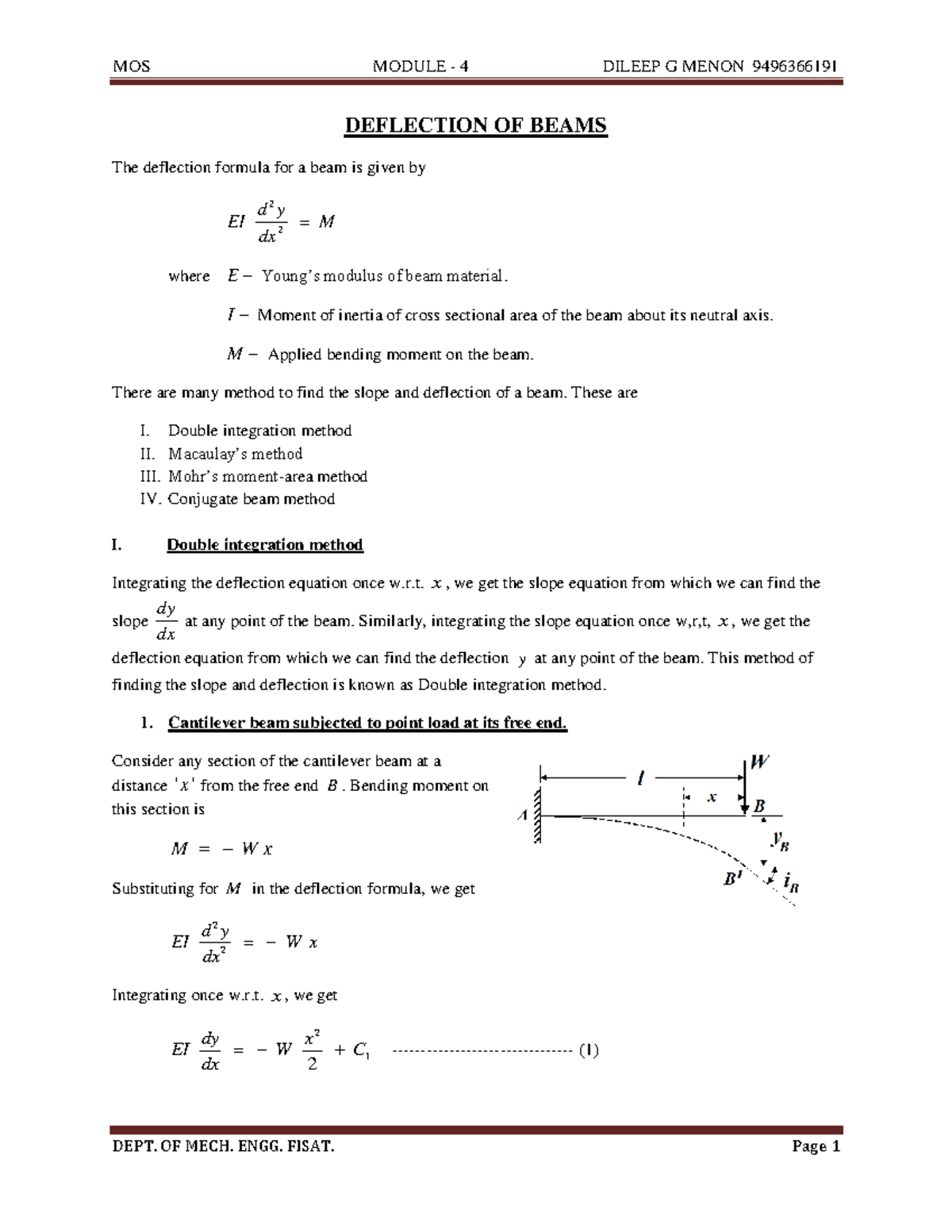 Module - 4 (notes) - DEFLECTION OF BEAMS The deflection formula for a ...