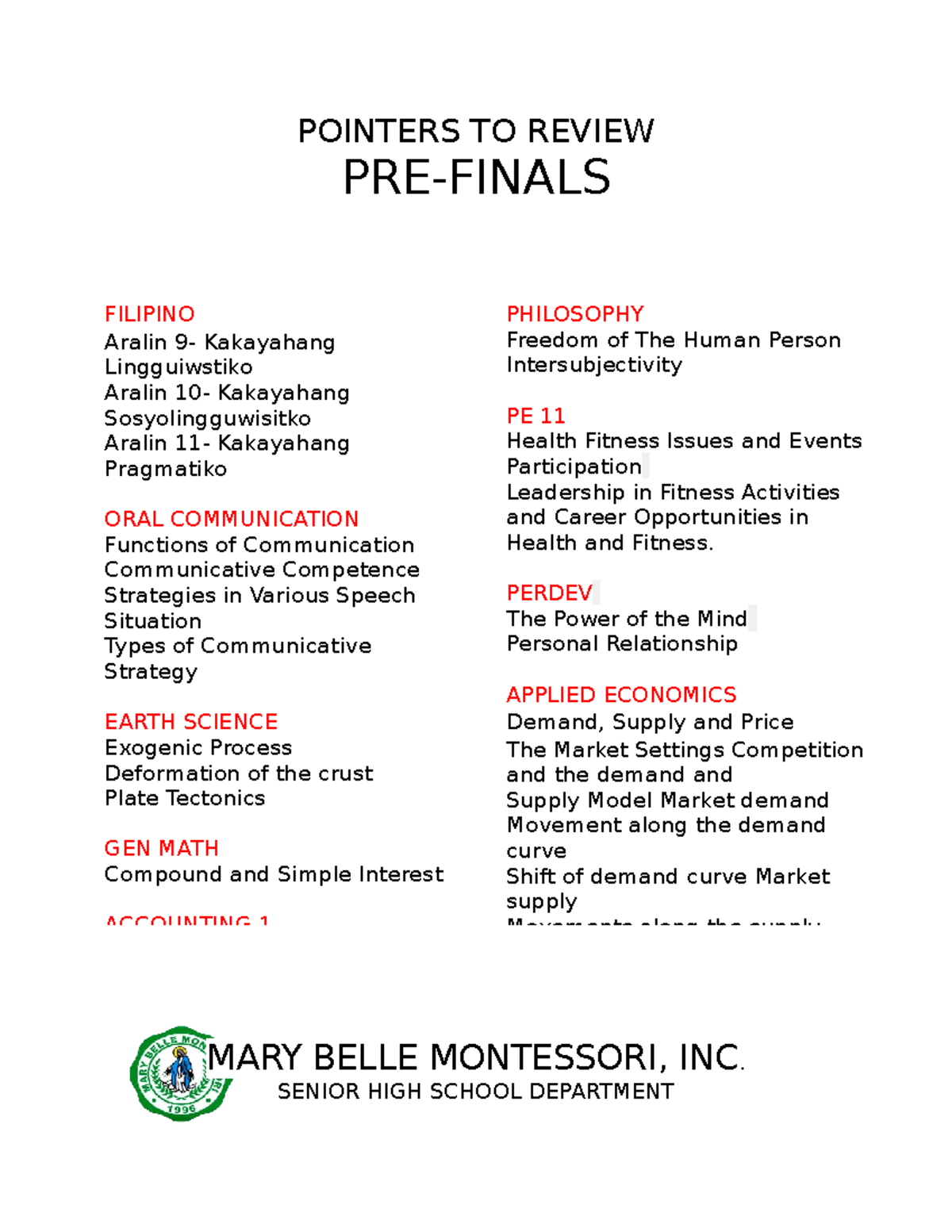 PRE- Finals Pointers - REVIEWER FOFR THE PRE-FINAL EXAMINATION. IT WILL ...