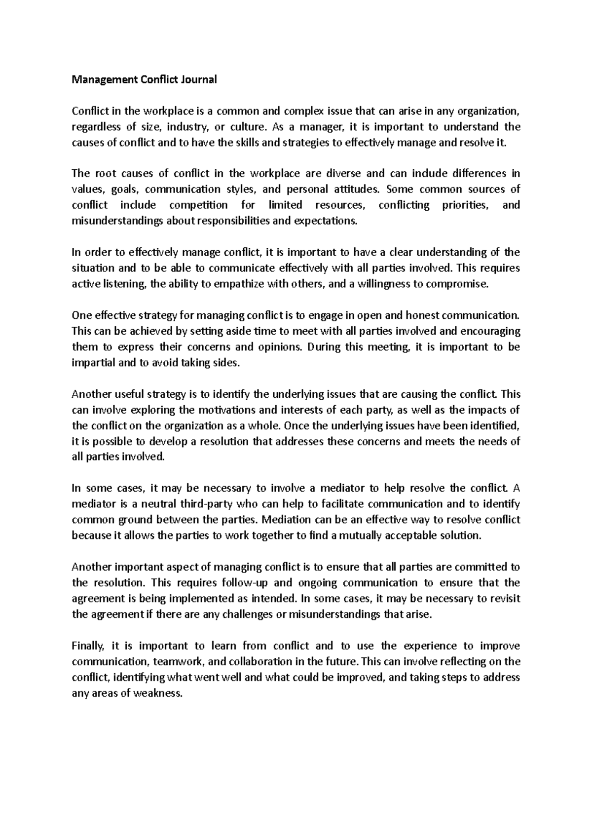 Conflict Management - Management Conflict Journal Conflict in the ...