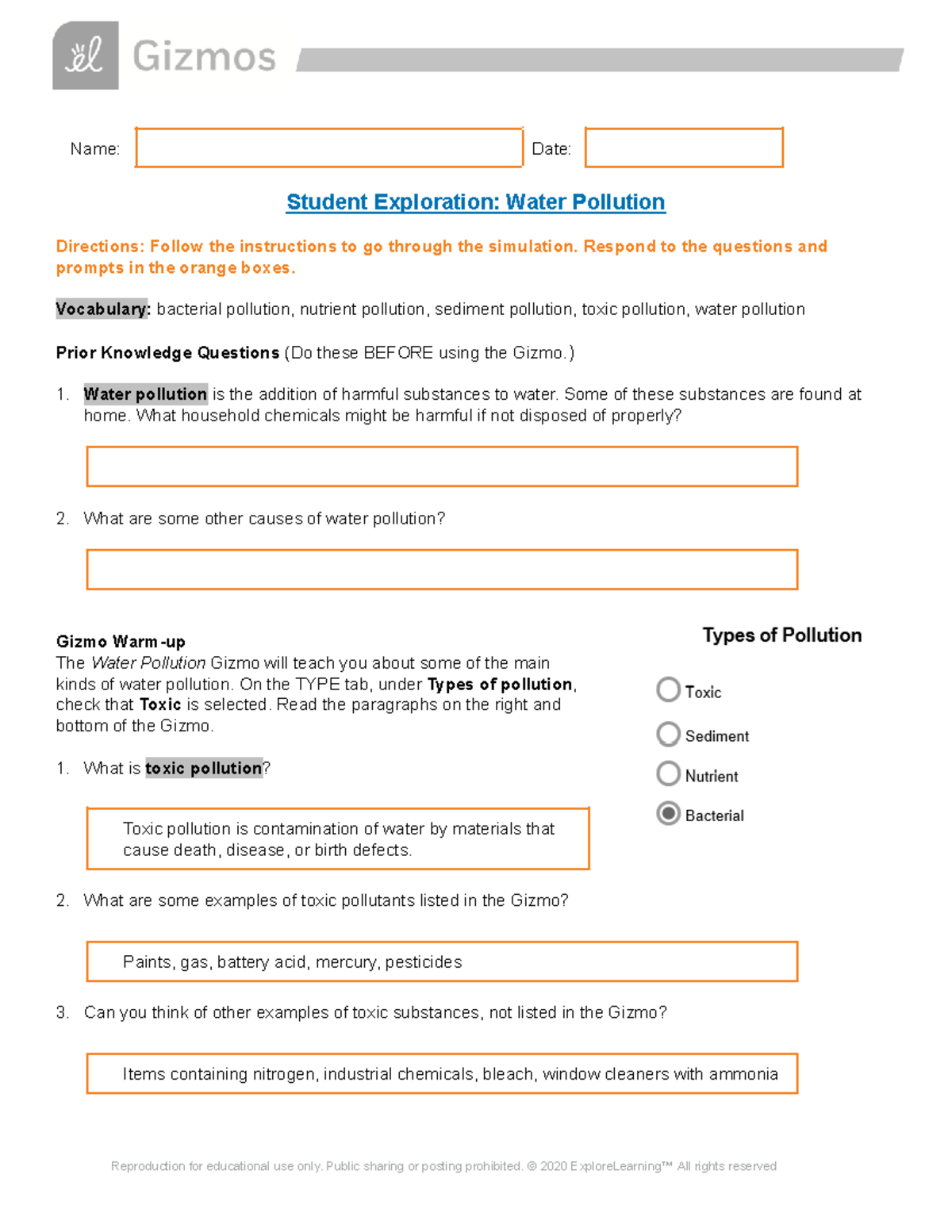 Copy of Water Pollution SE - Name: Date: Student Exploration: Water ...