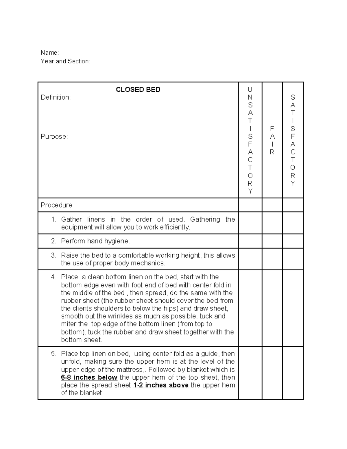 Bedmaking - SKILLS PROCEDURE - Name: Year and Section: CLOSED BED ...